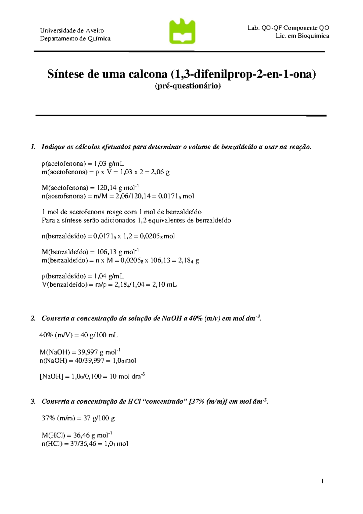Pré-questionário T6 LQO - Síntese de uma calcona (1,3-difenilprop-2-en ...