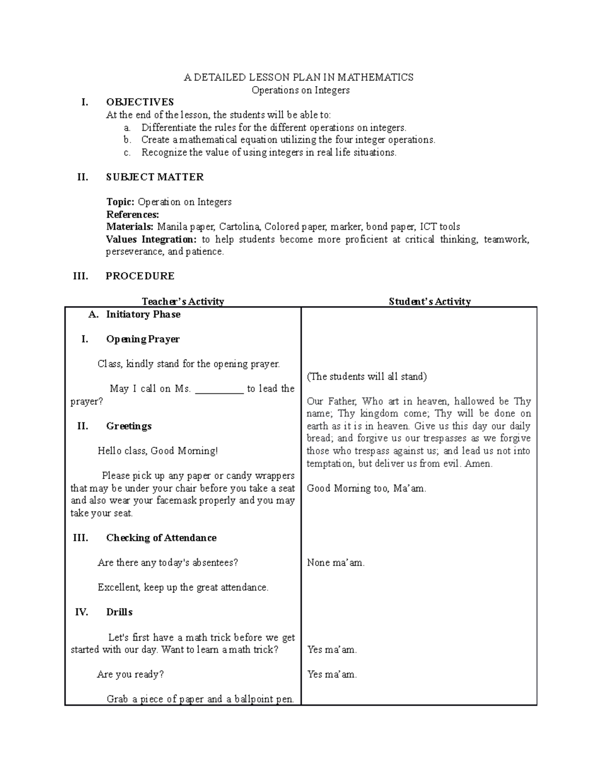 A Detailed Lesson PLAN IN Mathematics A DETAILED LESSON PLAN IN