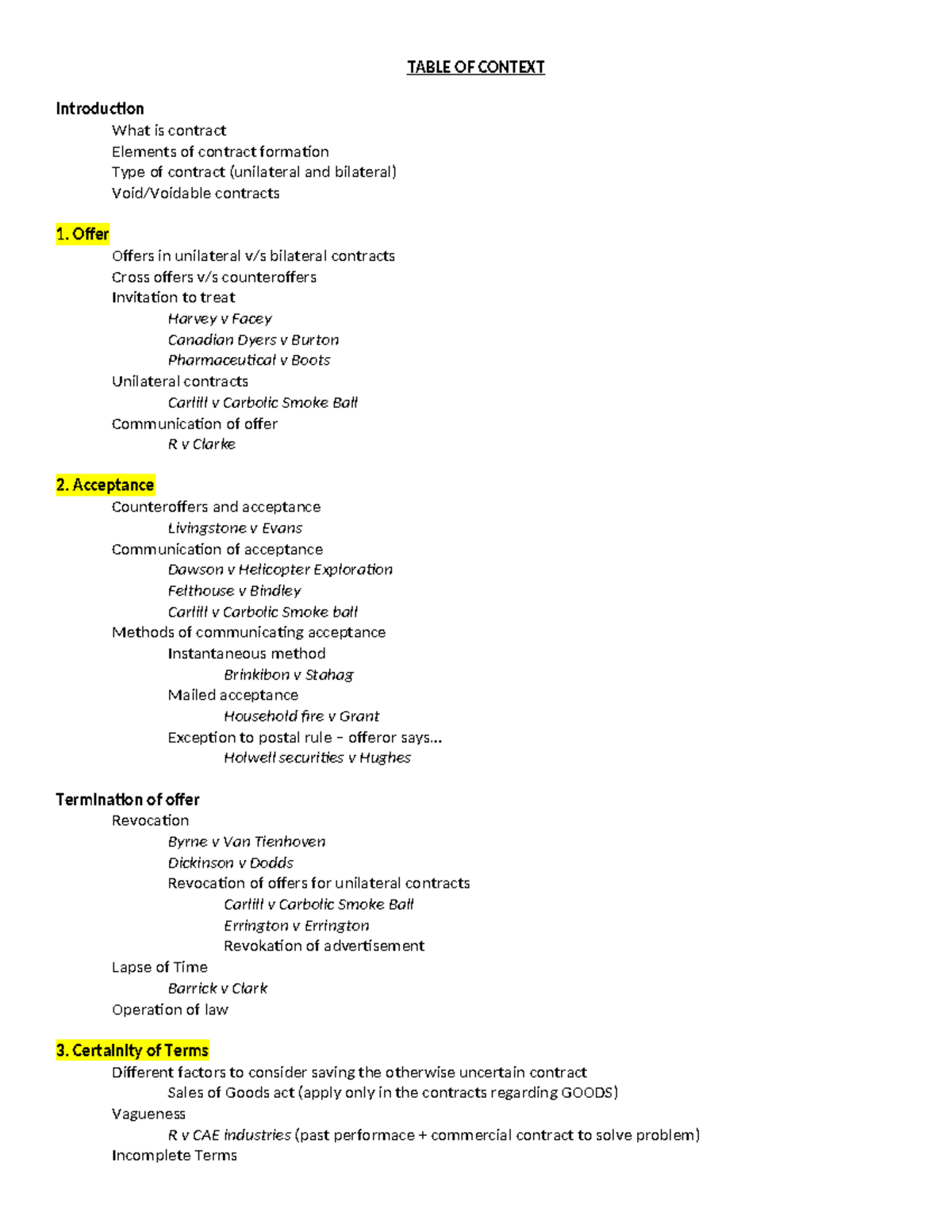 Table OF Context contracts - TABLE OF CONTEXT Introduction What is contract Elements of contract ...