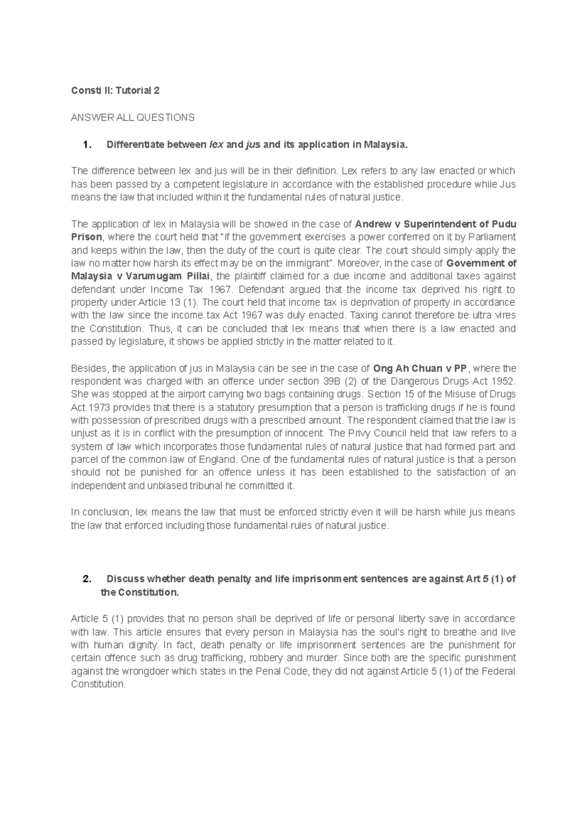 Constitutional law II- Tutorial 2 - Consti II: Tutorial 2 ANSWER ALL ...