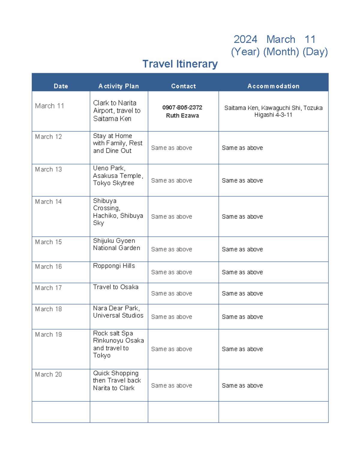Document-1 - :pppppp - 2024 March 11 (Year) (Month) (Day) Travel Itinerary Date Activity Plan ...