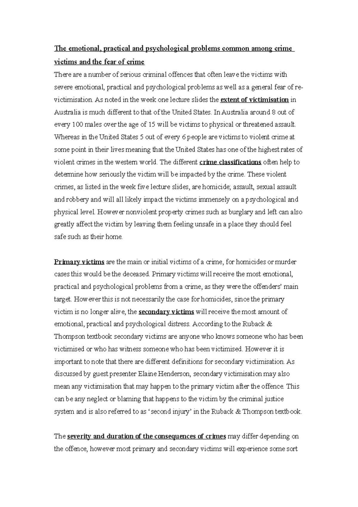 Victimology - Assessment 2 - The emotional, practical and psychological ...