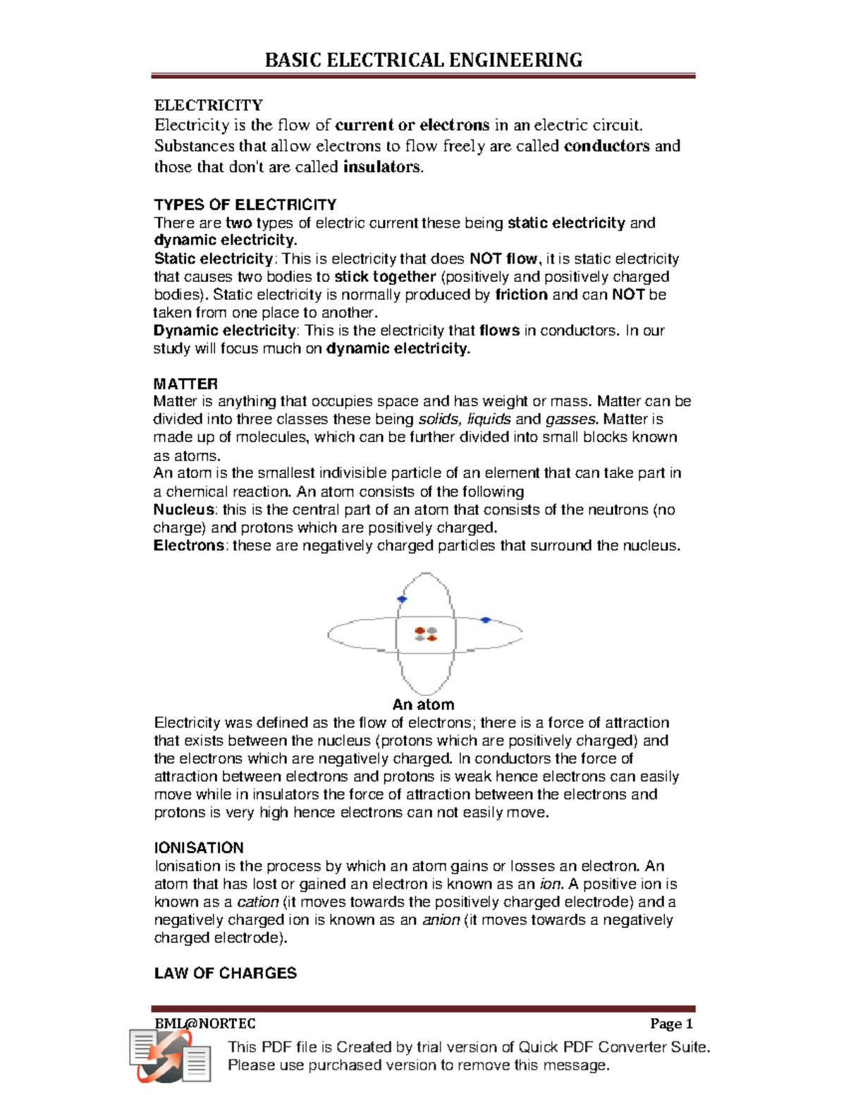 Basic Electrical Engineering Theory book 1 - BML@NORTEC Page 1 ELECTRICITY Electricity is the ...