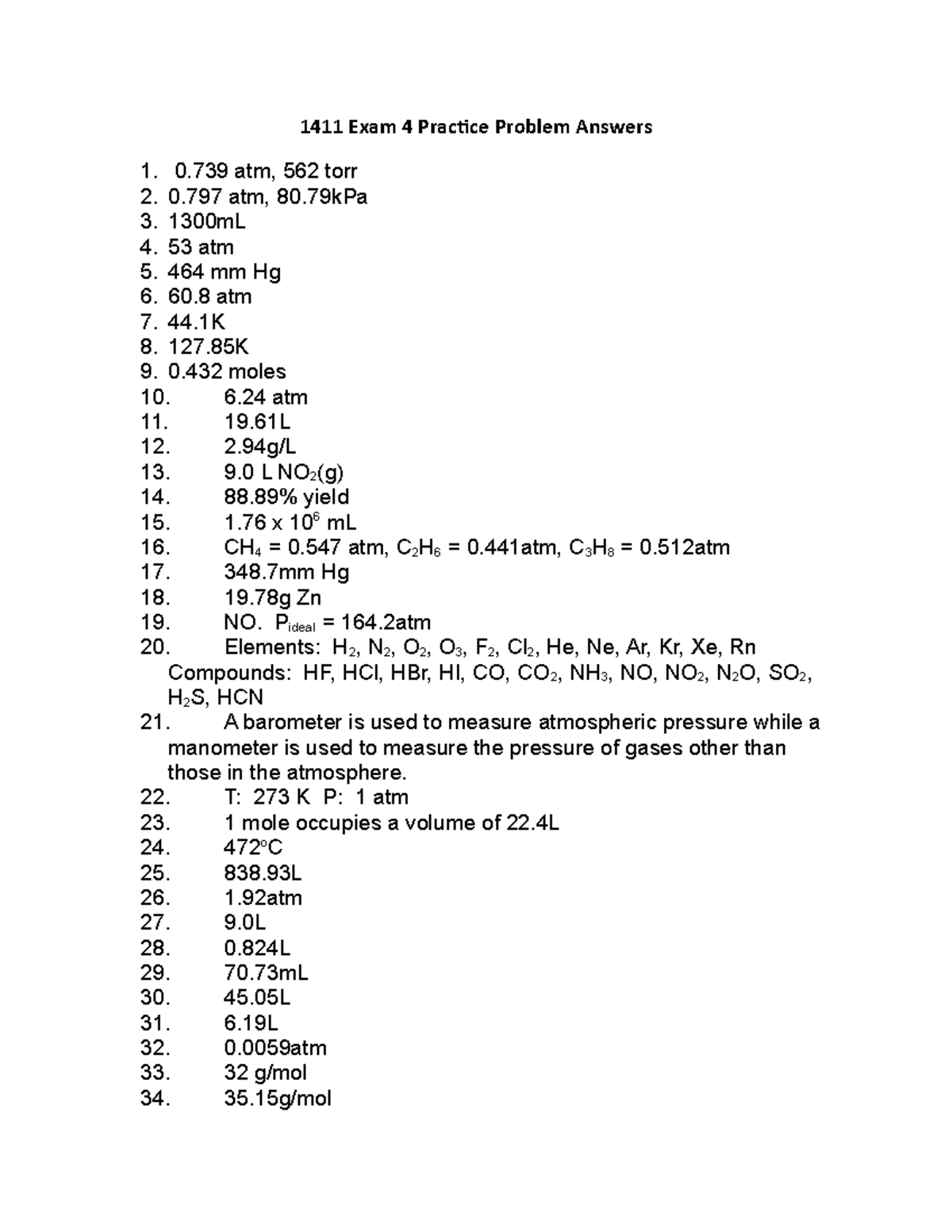 1411 Exam 3 Practice Problem Answers - 1411 Exam 4 Practice Problem Answers 0 atm, 562 torr 0 ...