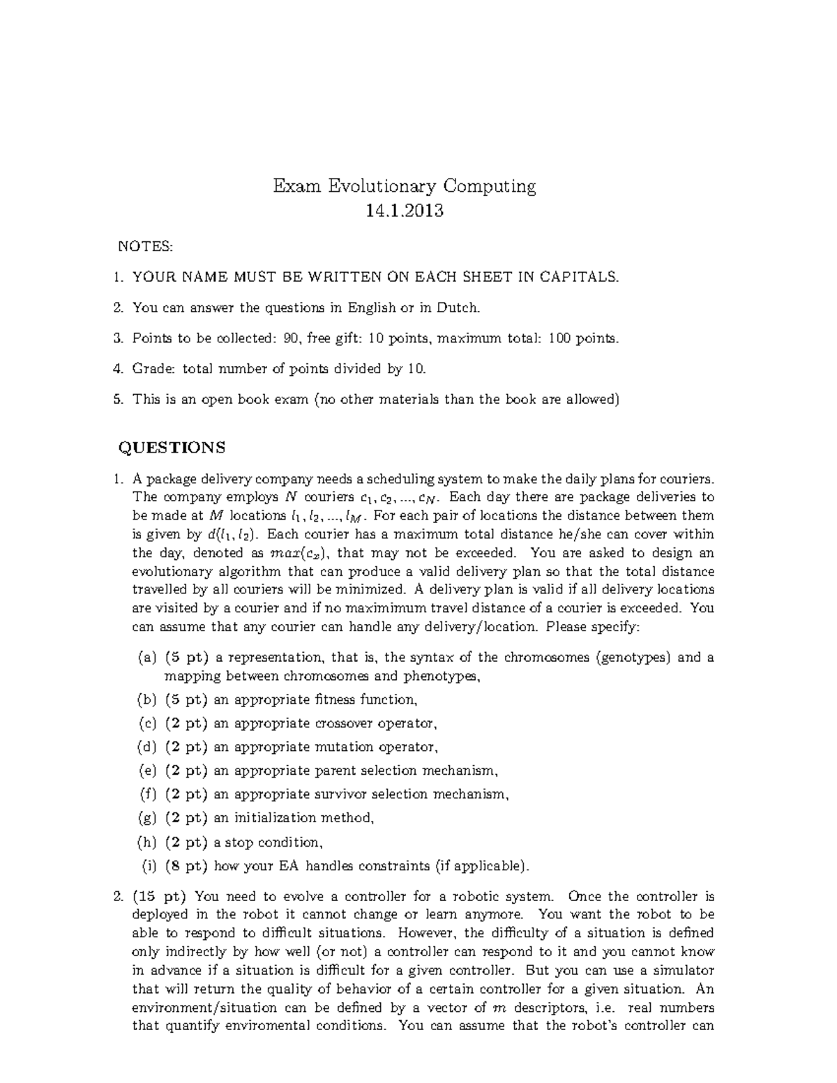 Exam 14 January 2013, questions - Exam Evolutionary Computing 14. NOTES ...