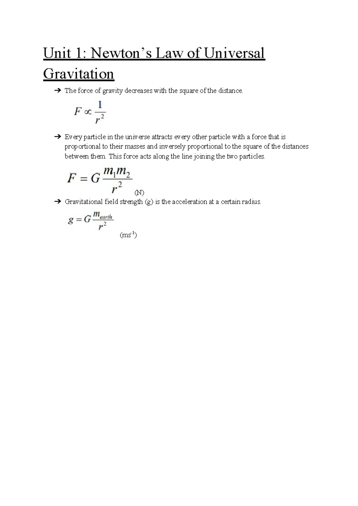 Physics 1 - Lecture notes 1.1 - Unit 1: Newton’s Law of Universal ...