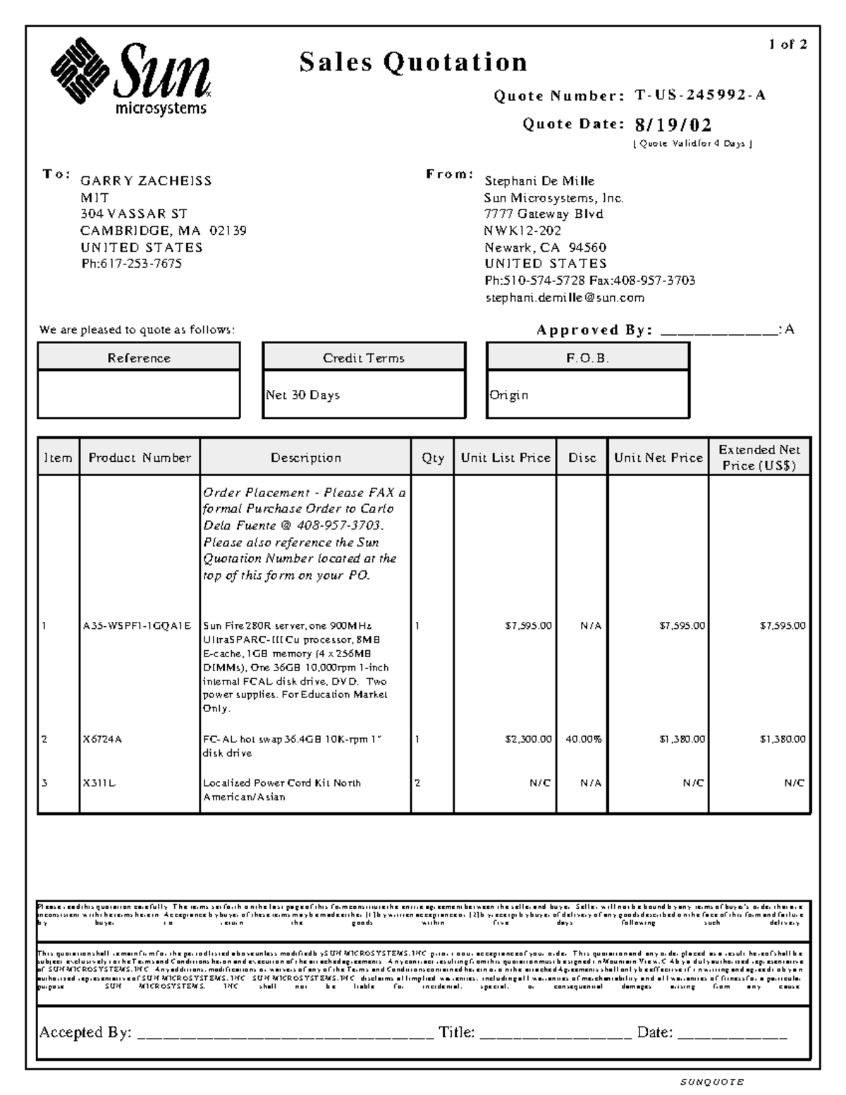 Sample Sales Quotation - 1 of 2 Sales Quotation Quote Number: T-US ...