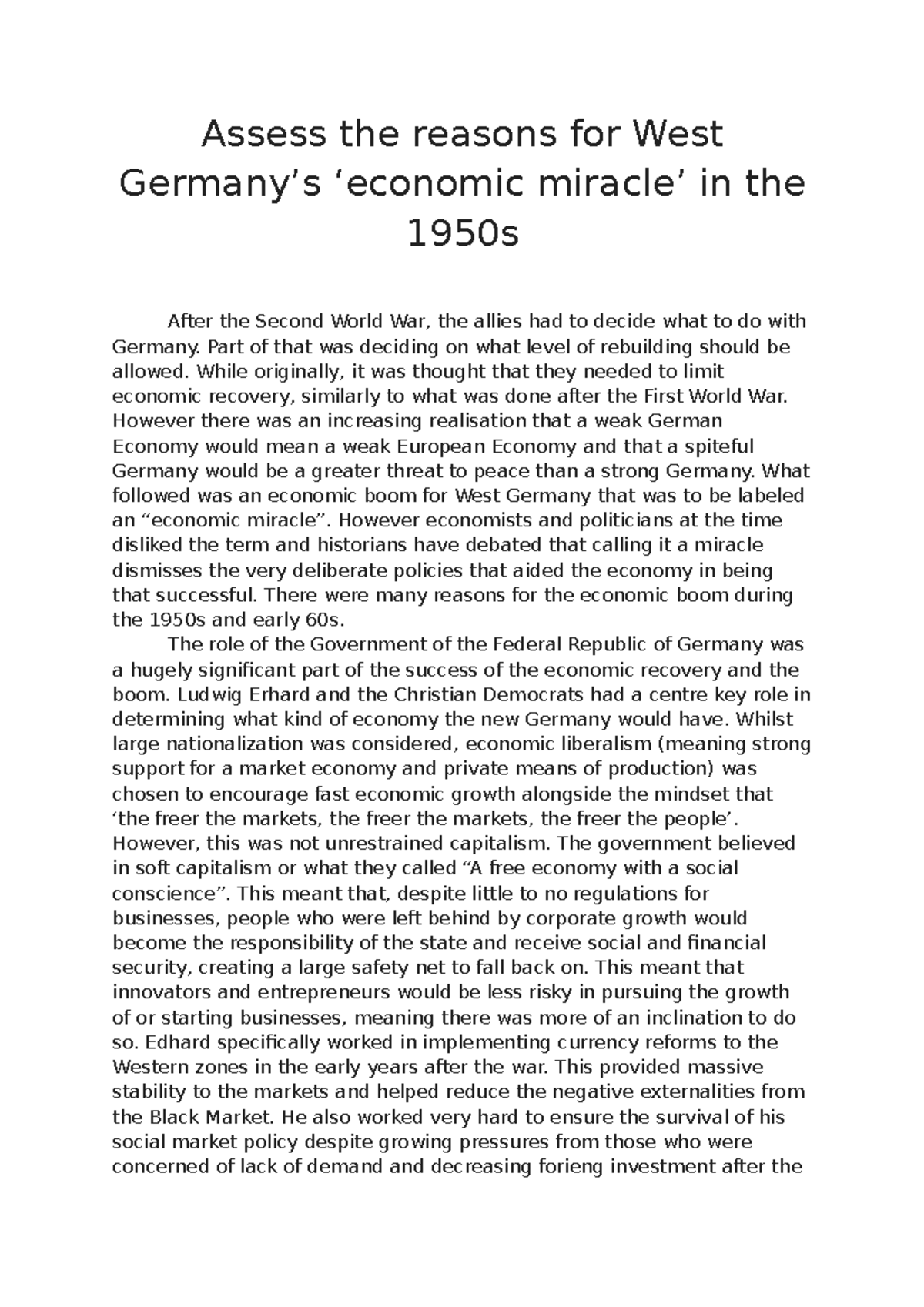 Assess the reasons for West Germany’s ‘economic miracle’ in the 1950s ...