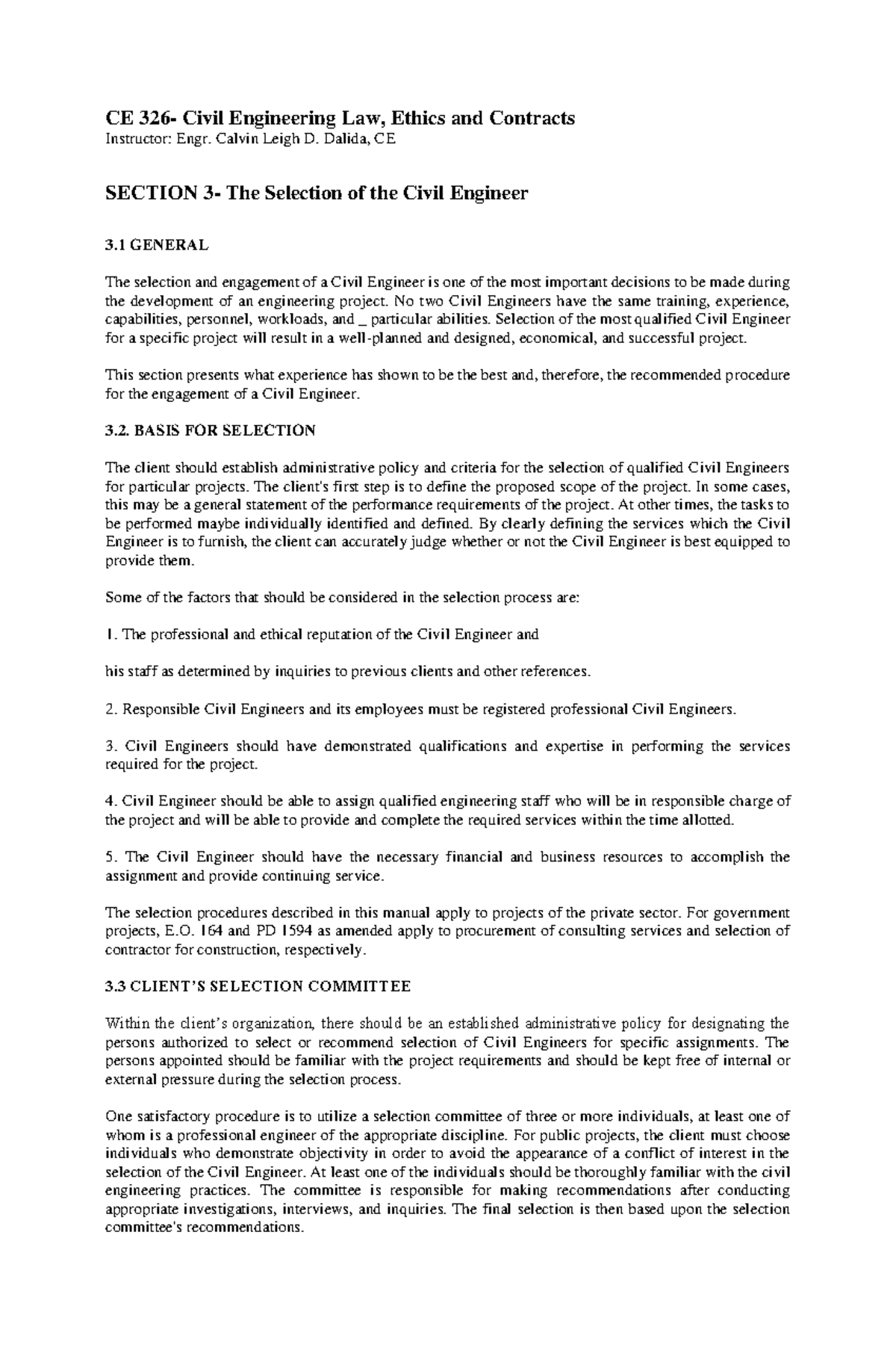 CE 326 Part 4 - law - CE 326- Civil Engineering Law, Ethics and Contracts Instructor: Engr ...