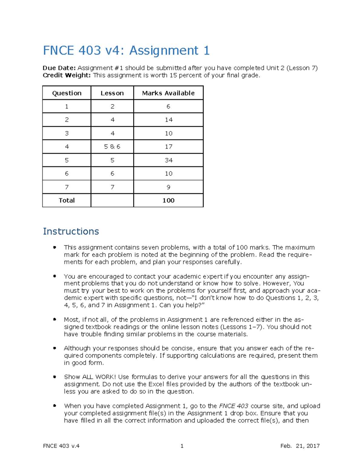 FNCE403v4 Assignment 1 - FNCE 403 v4: Assignment 1 Due Date: Assignment #1 should be submitted ...