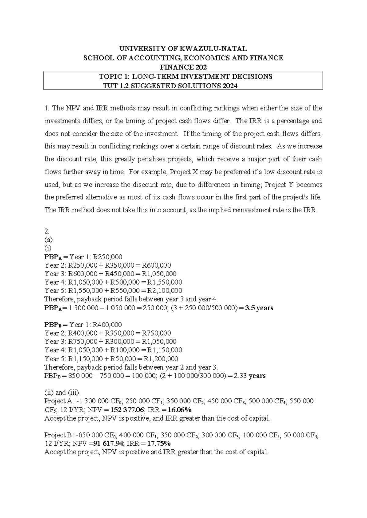 Fina202 Tut 1.2 Suggested Solutions - UNIVERSITY OF KWAZULU-NATAL SCHOOL OF ACCOUNTING ...