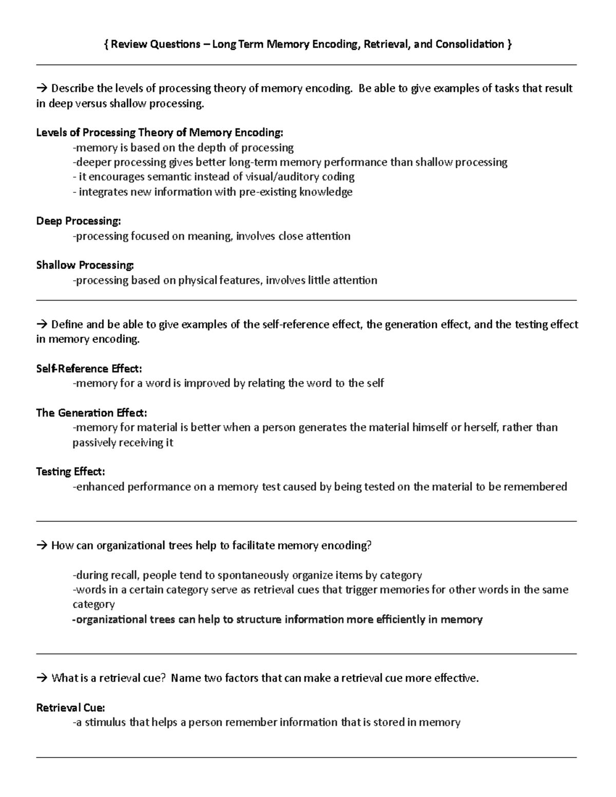 LTM Stages RQ Answered - { Review Questions – Long Term Memory Encoding, Retrieval, and - Studocu