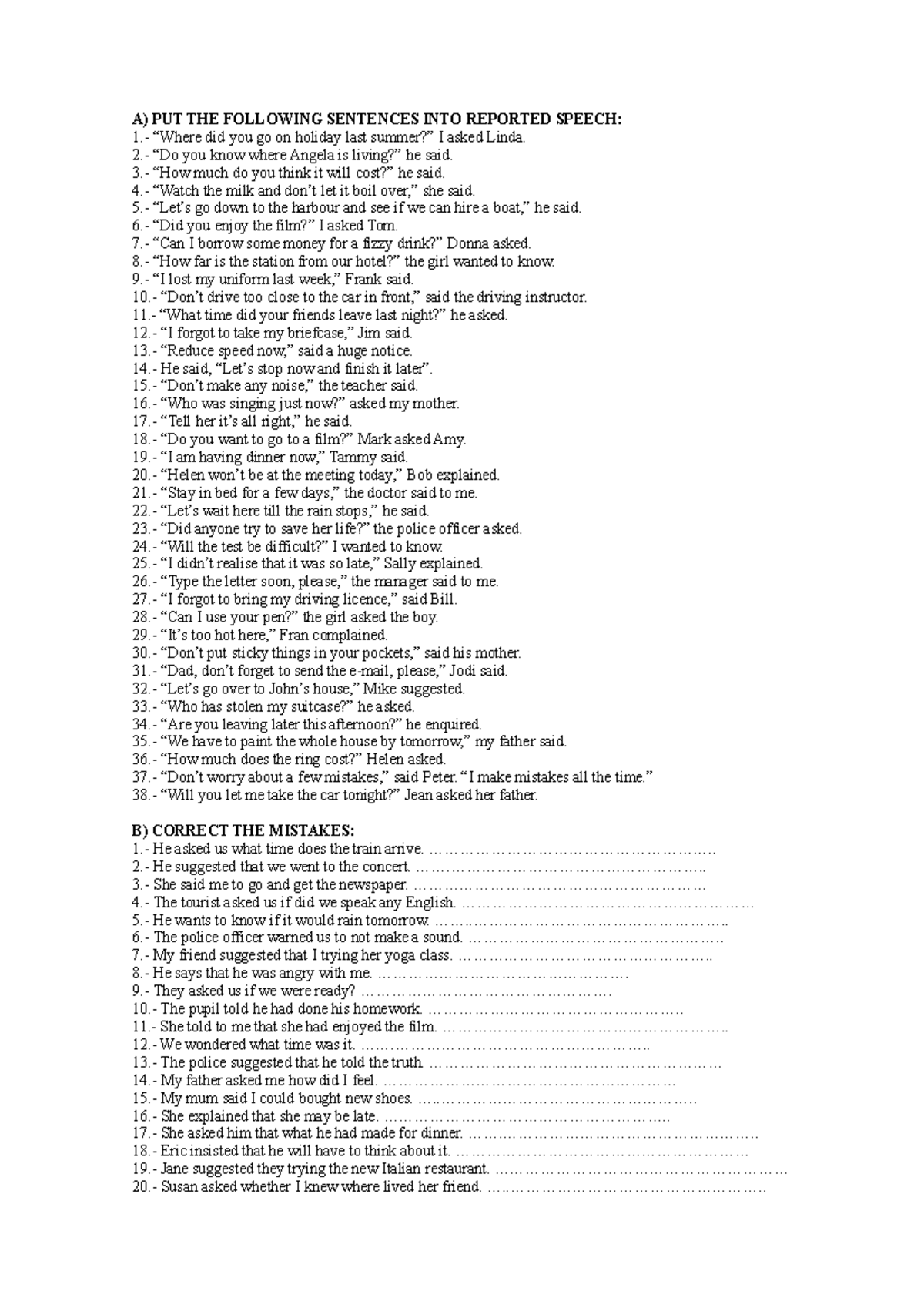 Repaso reported speech - A) PUT THE FOLLOWING SENTENCES INTO REPORTED ...