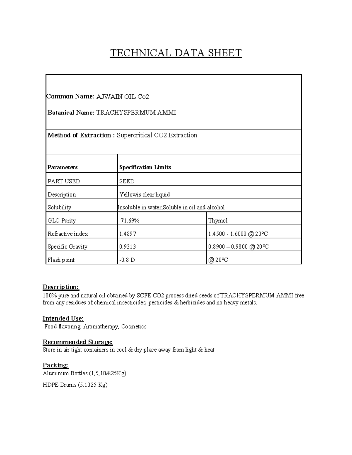 Ajwain OIL (CO2) COA 2 - Certificate of Analysis - TECHNICAL DATA SHEET ...