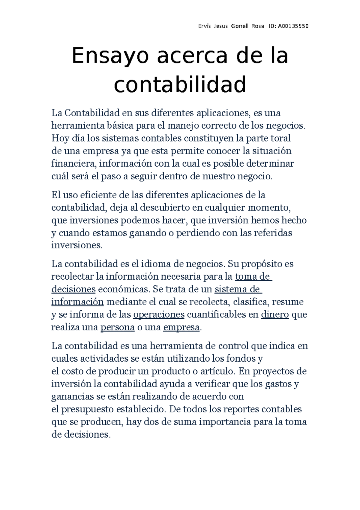 Ensayo acerca de la contabilidad - Ervis Jesus Gonell Rosa ID: A Ensayo acerca de la ...