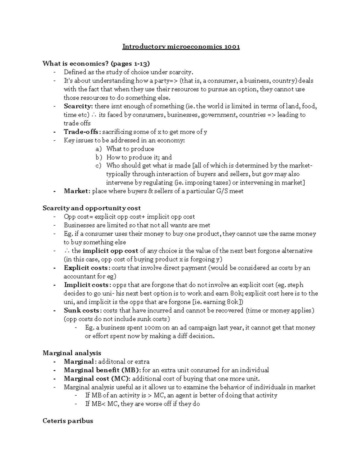 Microecons 1001 notes - Introductory microeconomics 1001 What is ...