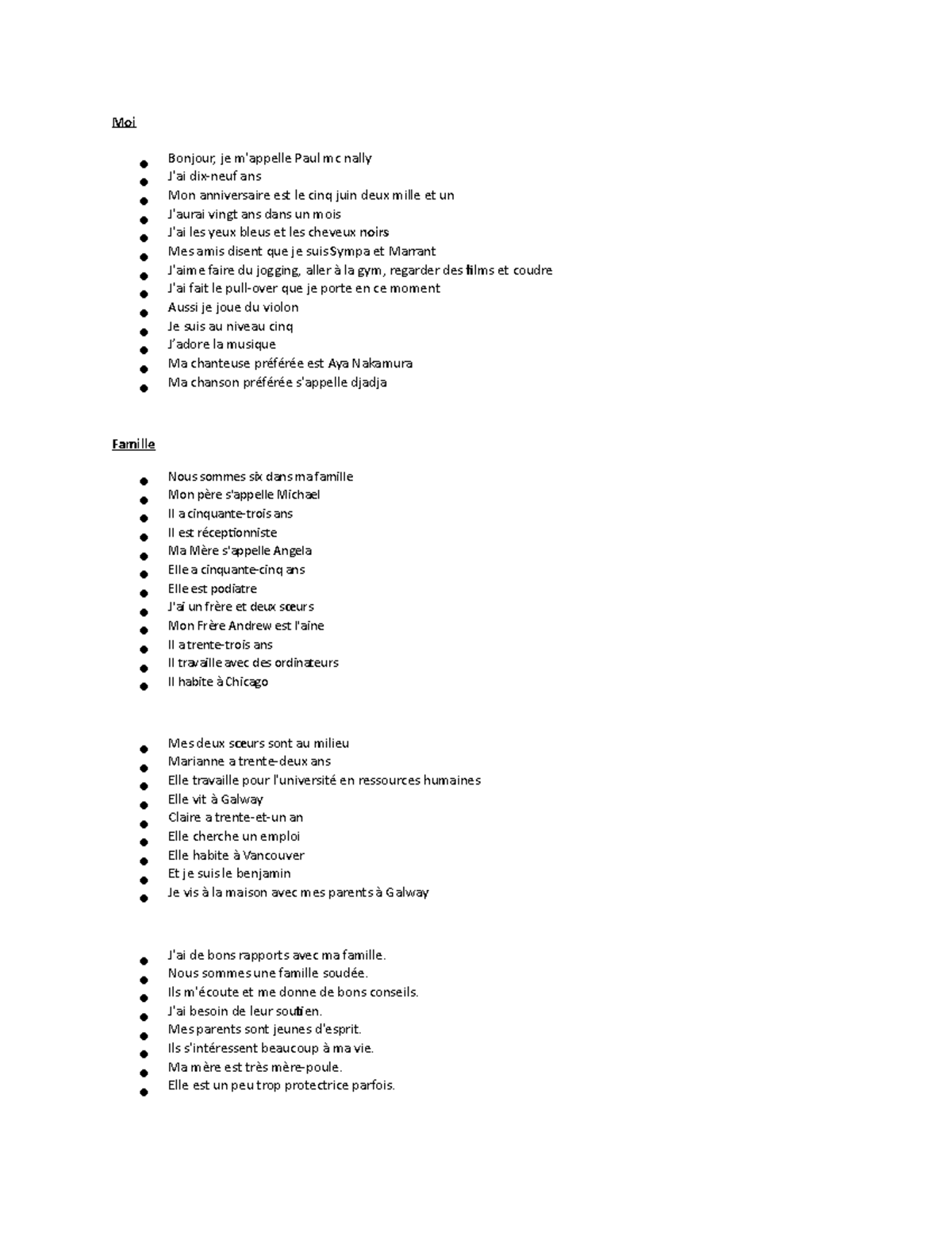 French Oral - oral notes - Moi Bonjour, je m'appelle Paul mc nally J'ai ...