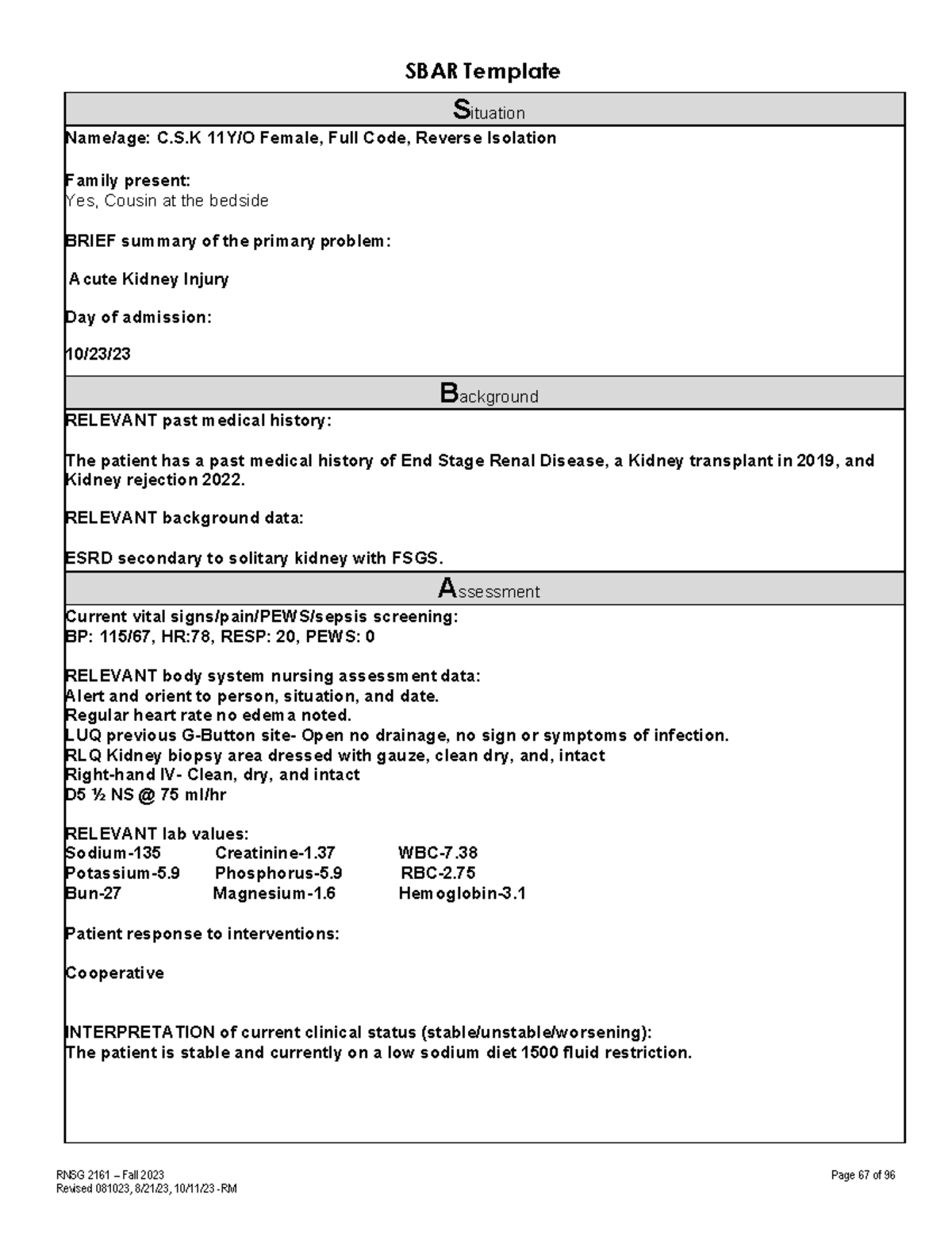 SBAR 2 - SBAR - RNSG 2161 – Fall 2023 Page 67 of 96 Revised 081023, 8 ...