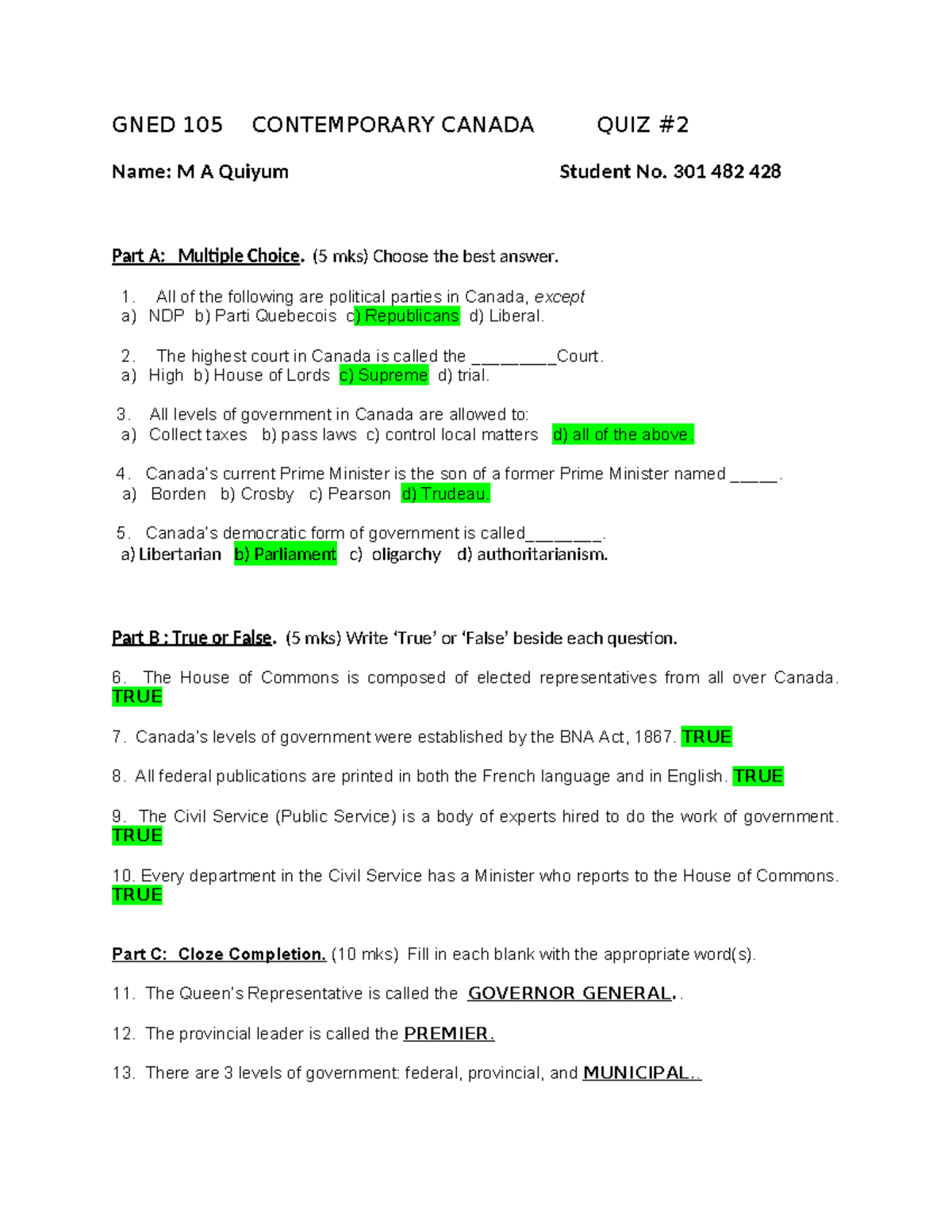 GNED 105 online QUIZ 2 answer - GNED 105 CONTEMPORARY CANADA QUIZ Name ...