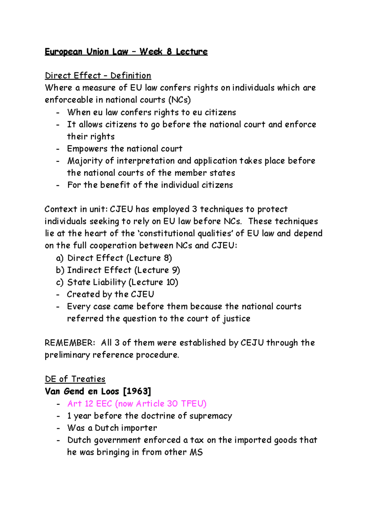 Week 8 Lecture - European Union Law – Week 8 Lecture Direct Effect ...