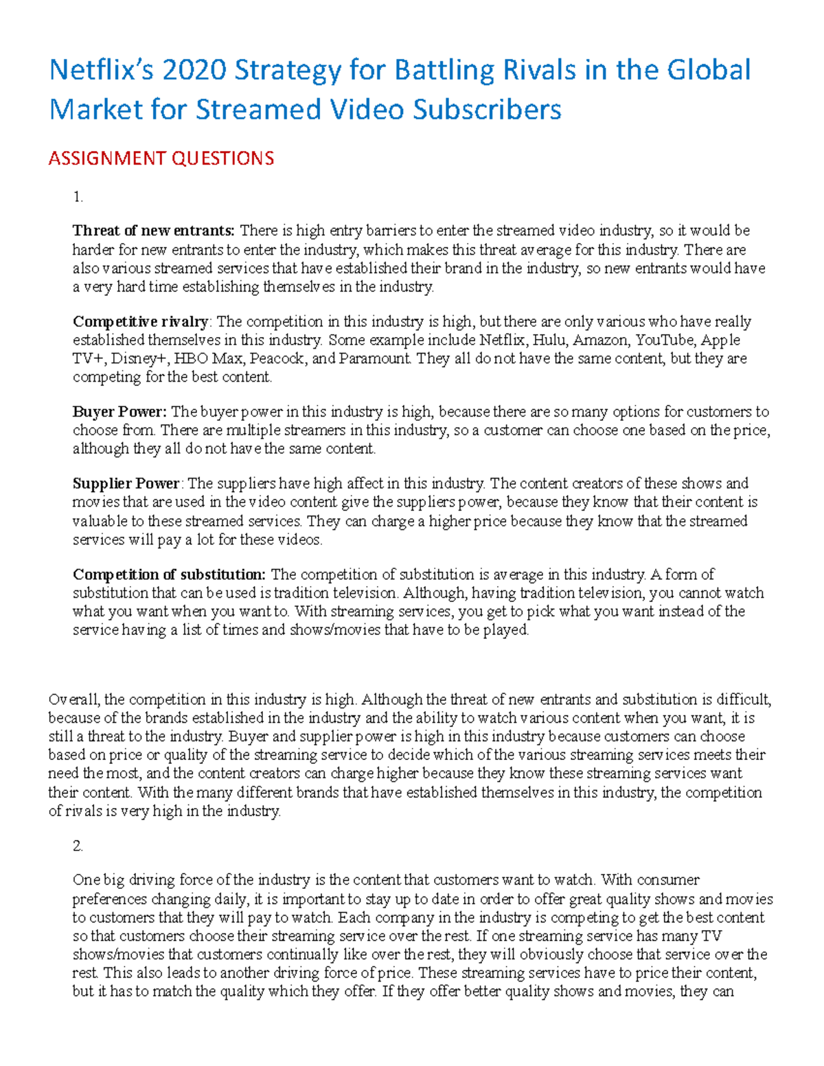 Netflix Discussion Case - Netflix’s 2020 Strategy for Battling Rivals ...