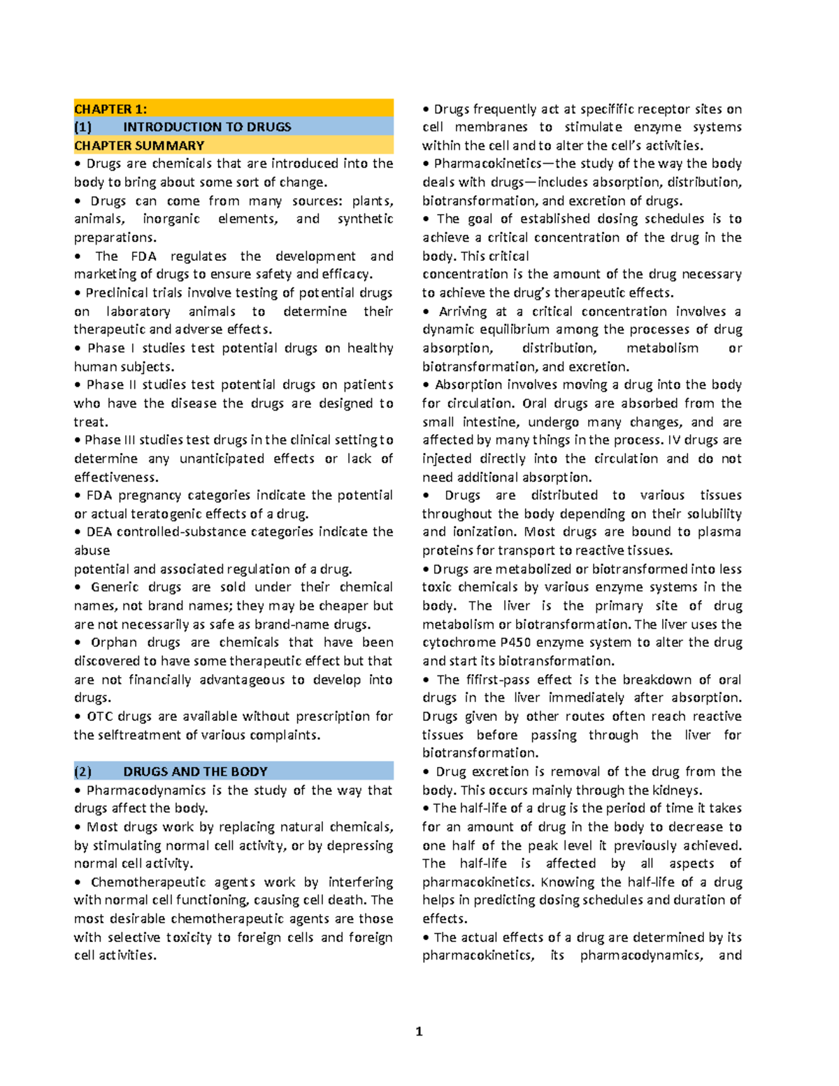 P1 Pharma Notes - CHAPTER 1: (1) INTRODUCTION TO DRUGS CHAPTER SUMMARY ...