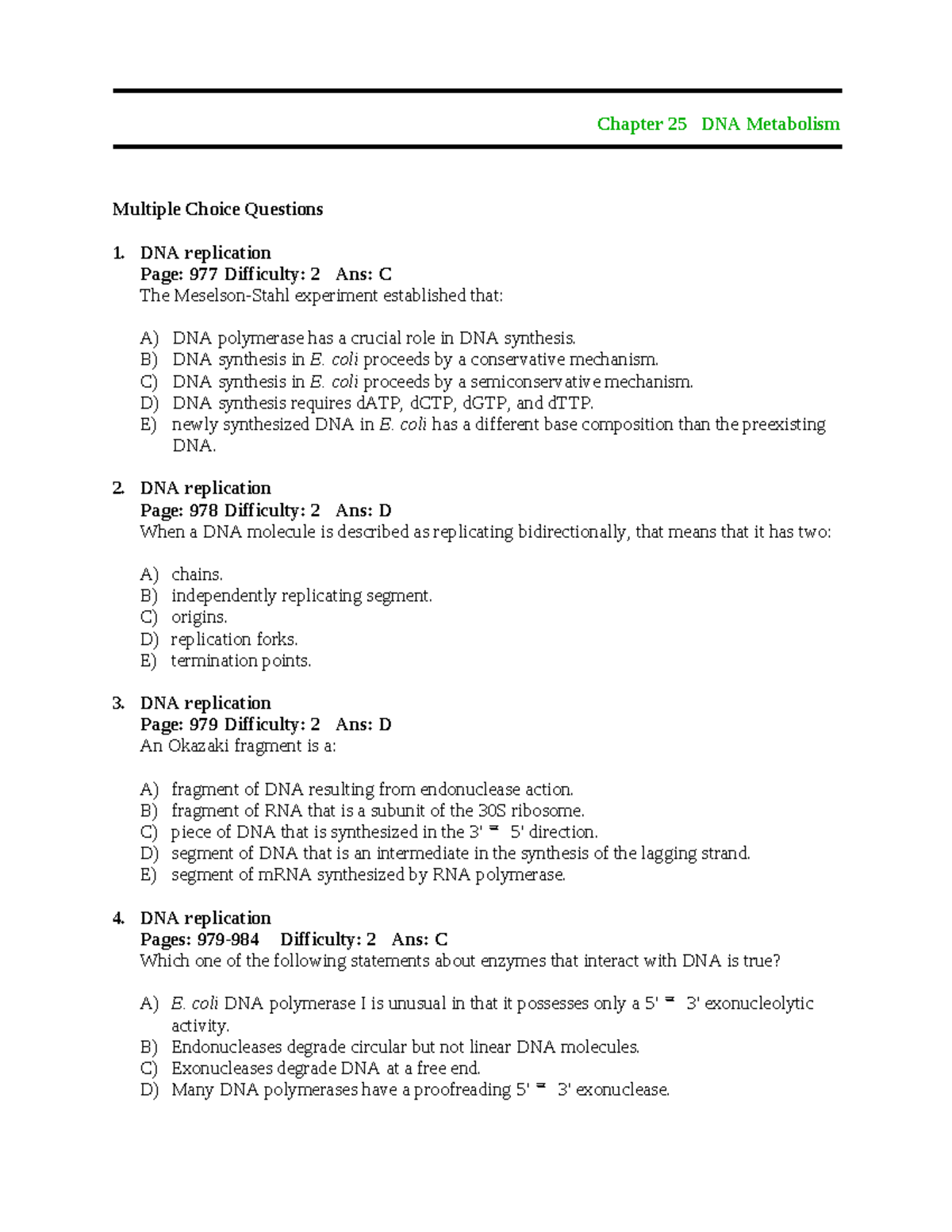 Exercise chapter 25 prof - Chapter 25 DNA Metabolism Multiple Choice ...