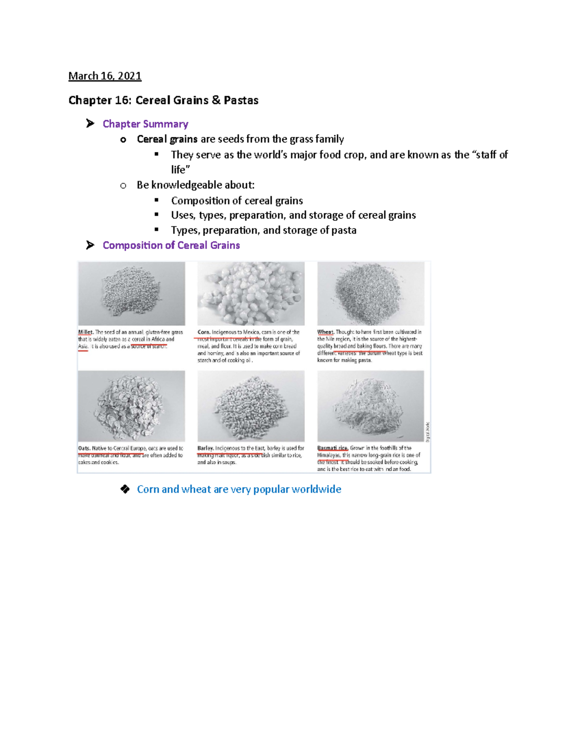 Chapter 16- Cereal Grains & Pastas - March 16, 2021 Chapter 16: Cereal ...