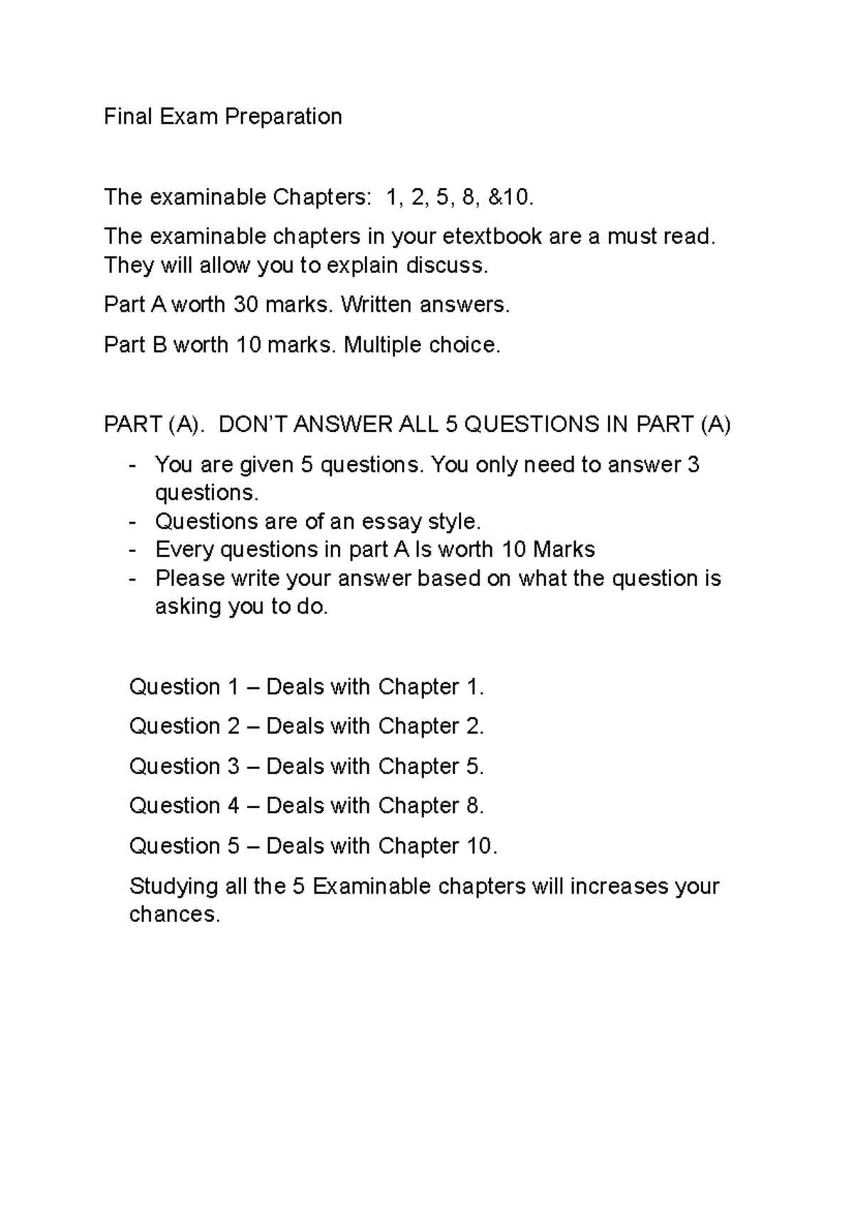 Final Exam Preparation - The examinable chapters in your etextbook are ...