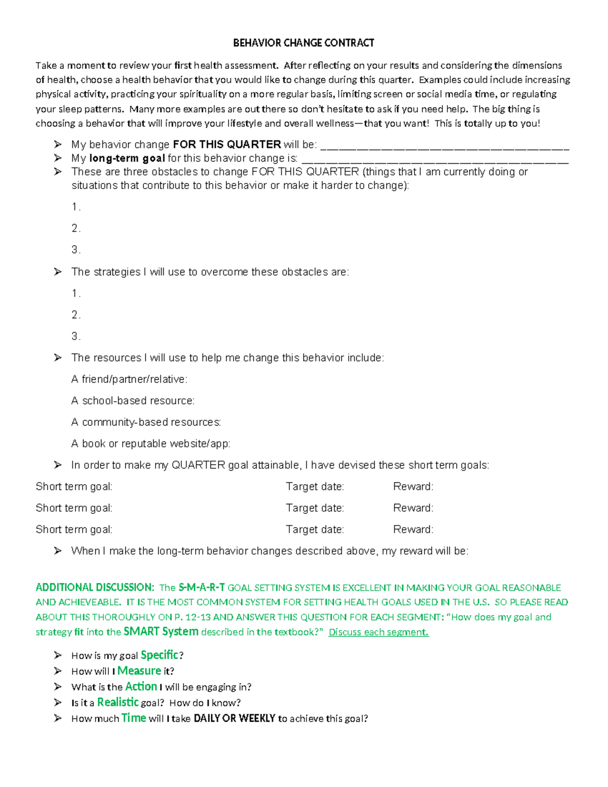 Behavior Change Contract #1-1 - Tagged - BEHAVIOR CHANGE CONTRACT Take ...