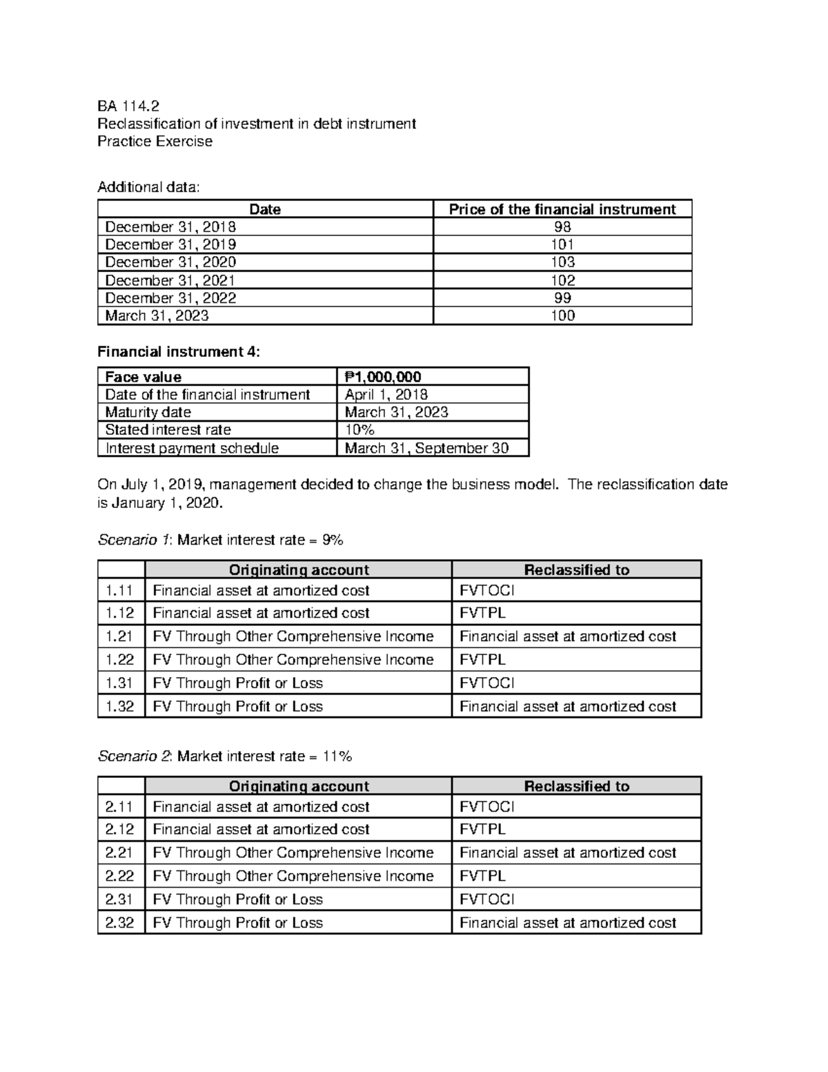 Financial instruments investment exercise reclass - BA 114 ...