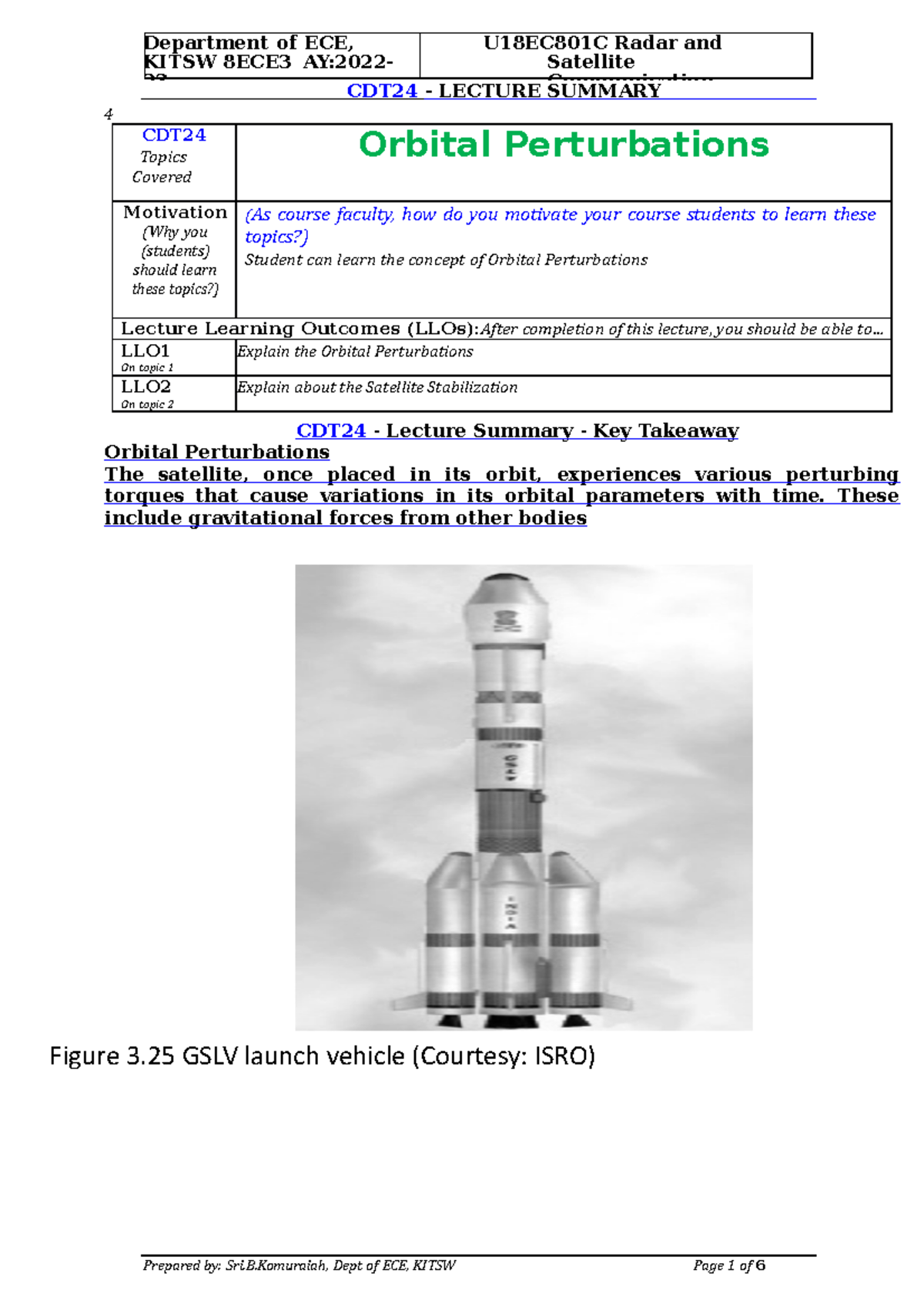 Orbital Perturbations - KITSW 8ECE3 AY:2022- 23 Satellite Communication ...