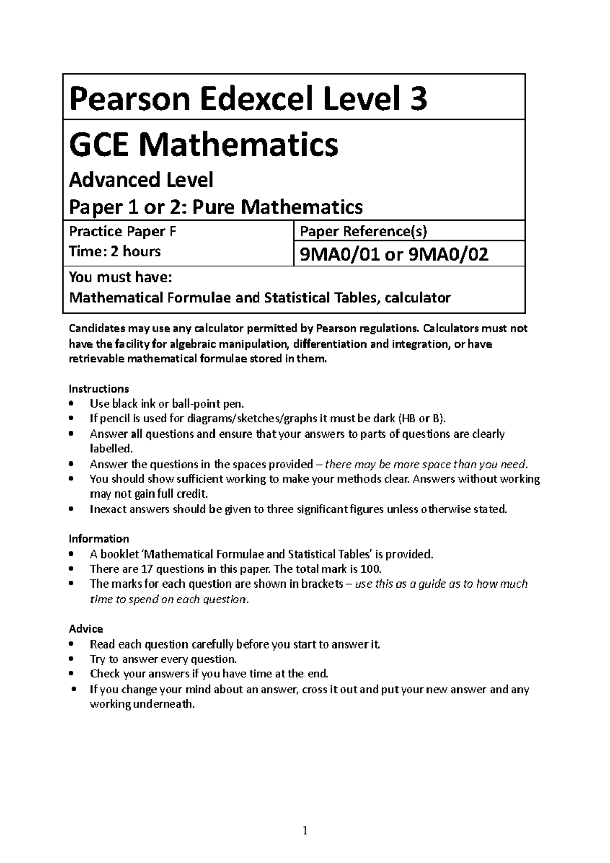 06a A level Mathematics Practice Paper F - Pure Mathematics - Pearson ...