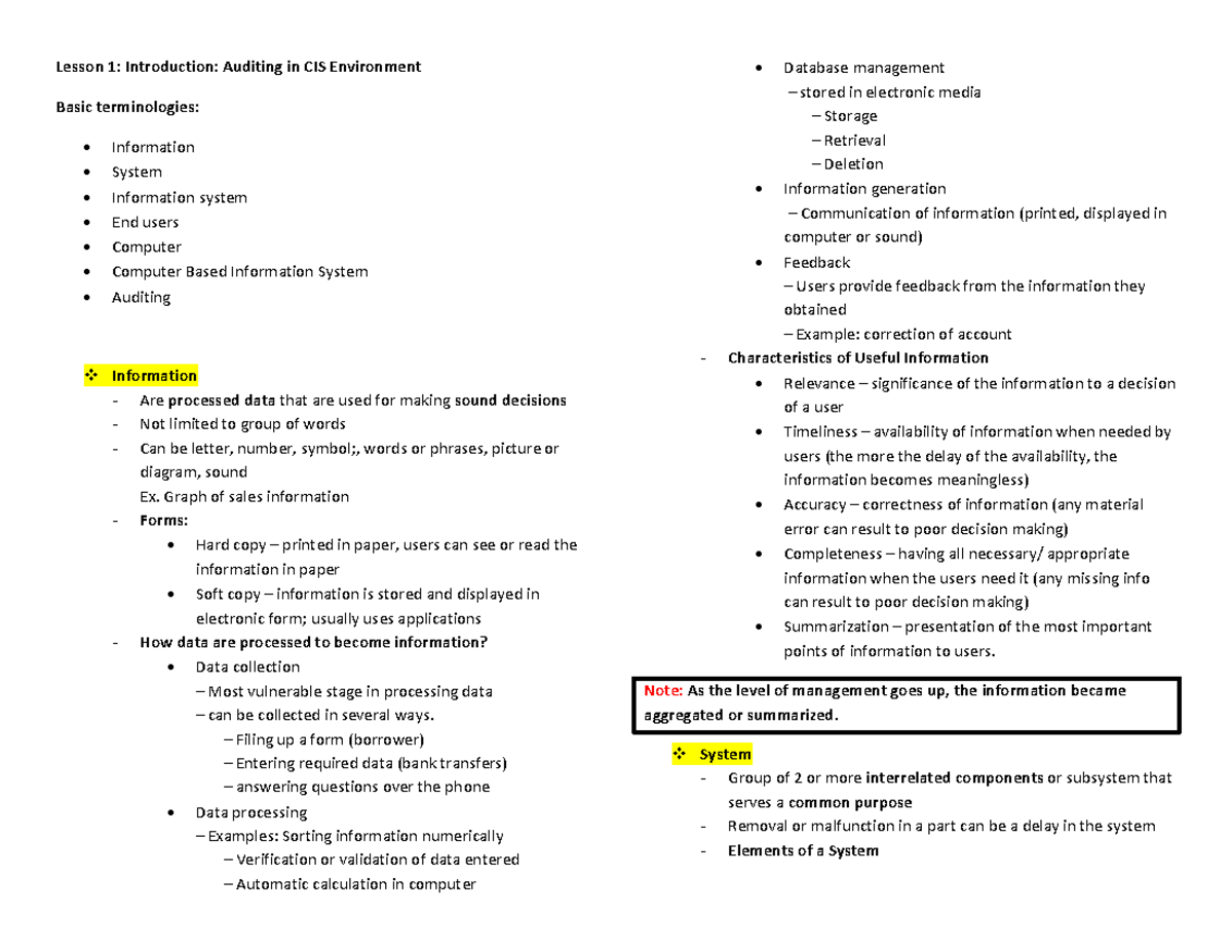Lesson 1 AUD6 - Lecture notes 1 - Lesson 1: Introduction: Auditing in ...