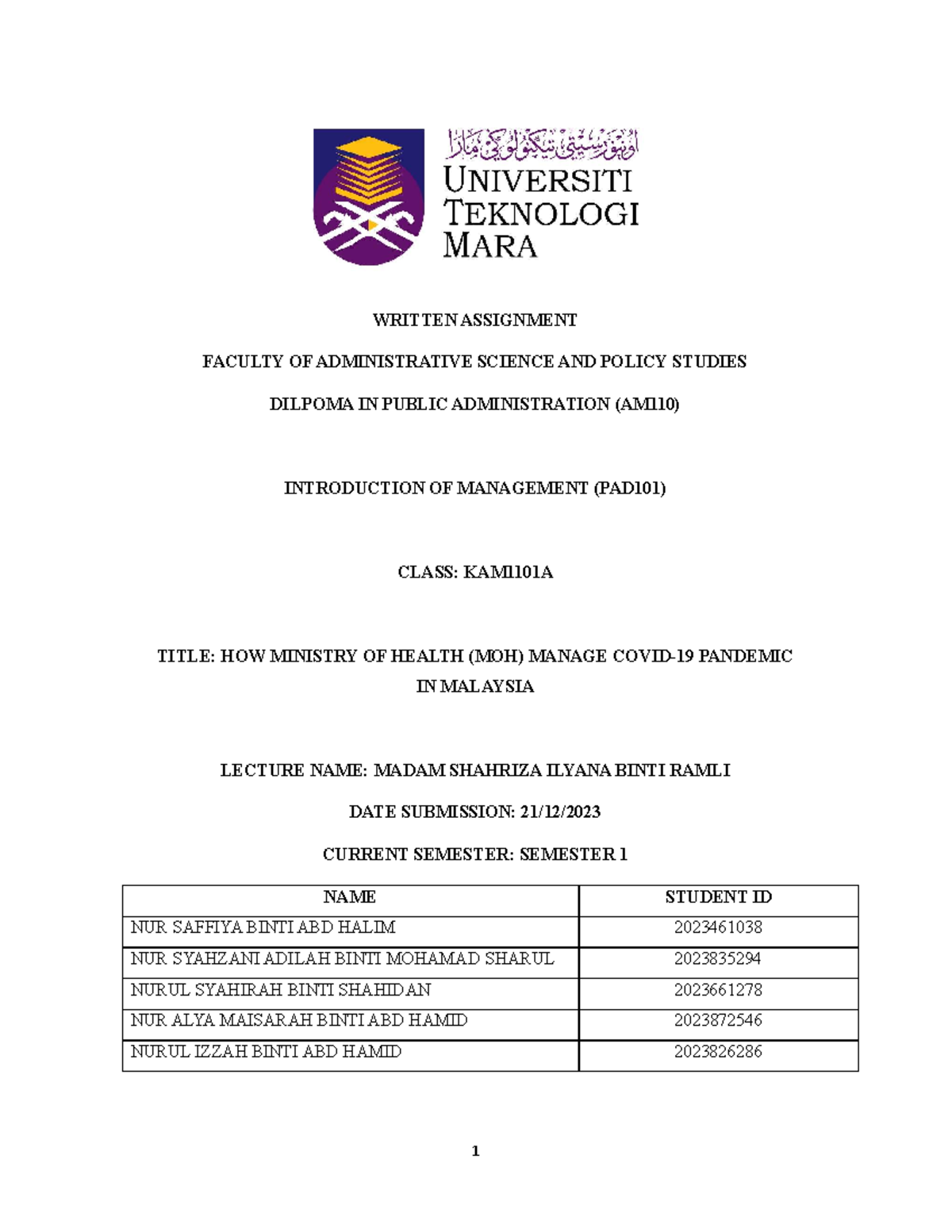 Written Assignment - WRITTEN ASSIGNMENT FACULTY OF ADMINISTRATIVE ...