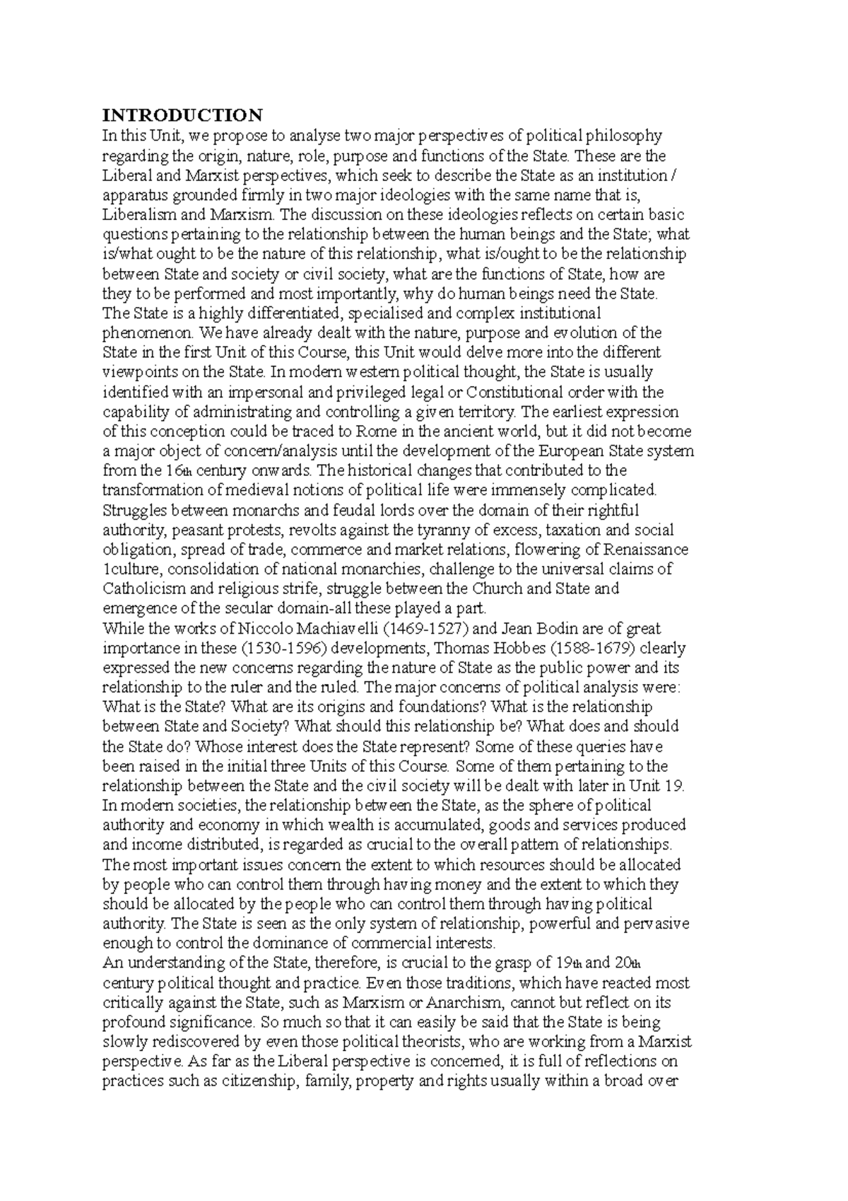 THE Liberal Perspective OF THE State - INTRODUCTION In this Unit, we ...