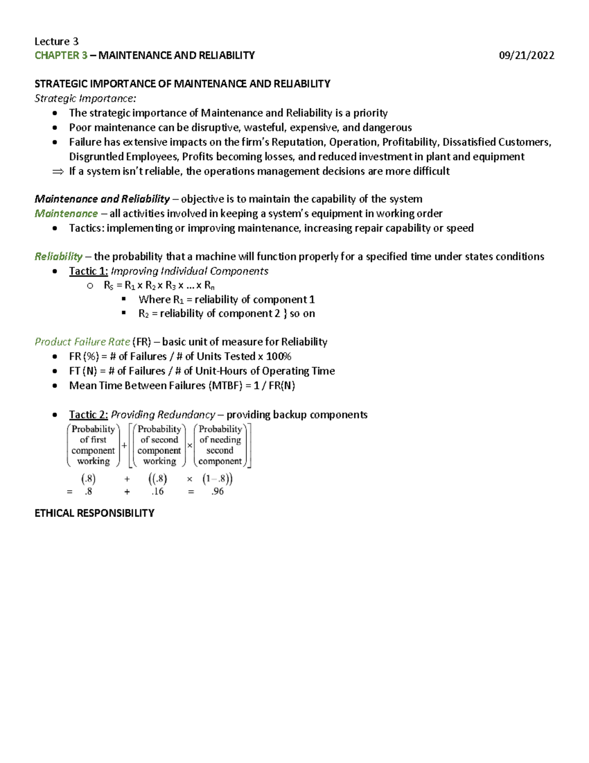 Lecture 3 - Lec 3/Chap 3 - Maintenance and Reliability - Lecture 3 CHAPTER 3 – MAINTENANCE AND ...
