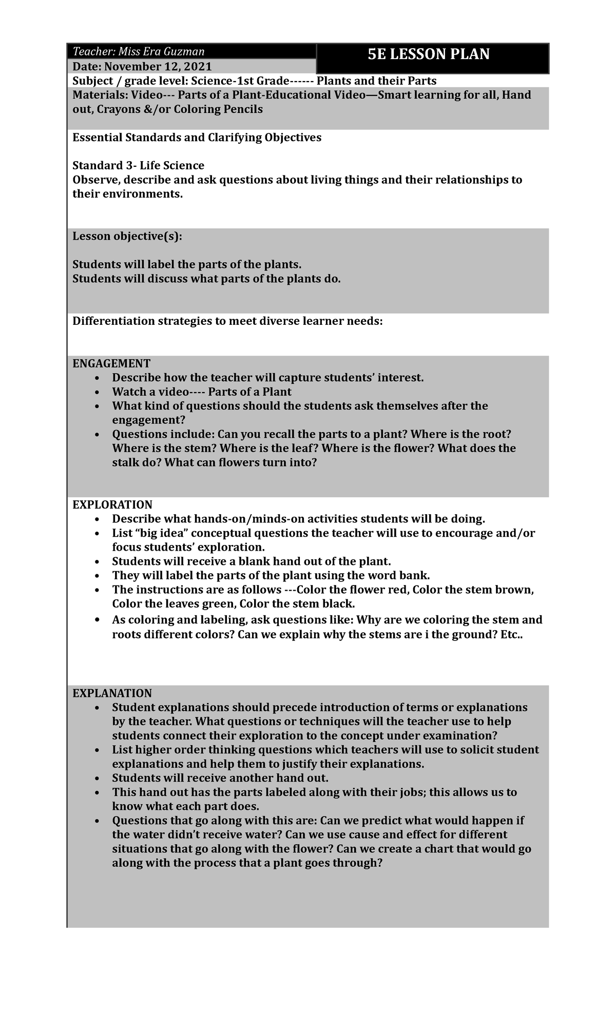 Chemistry Lesson PLAN - Teacher: Miss Era Guzman 5E LESSON PLAN Date ...