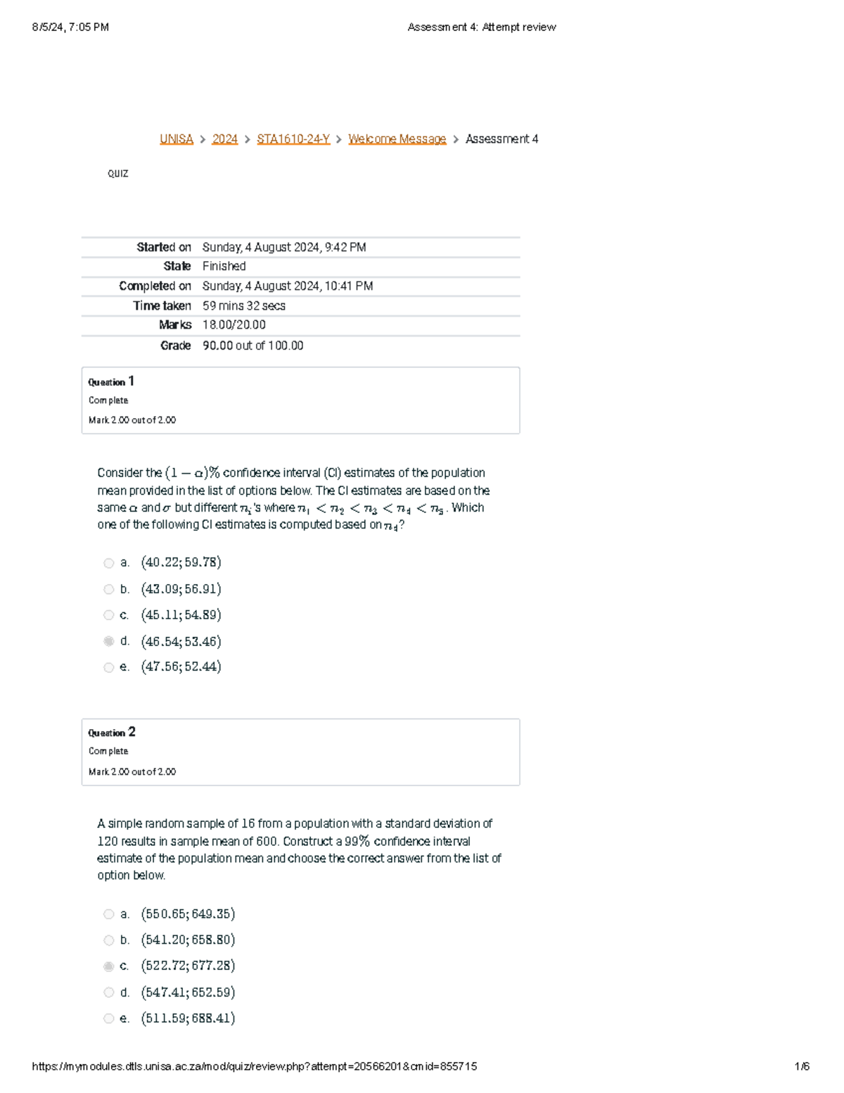 Assessment 4 Attempt review - UNISA 2024 STA1610-24-Y Welcome Message ...
