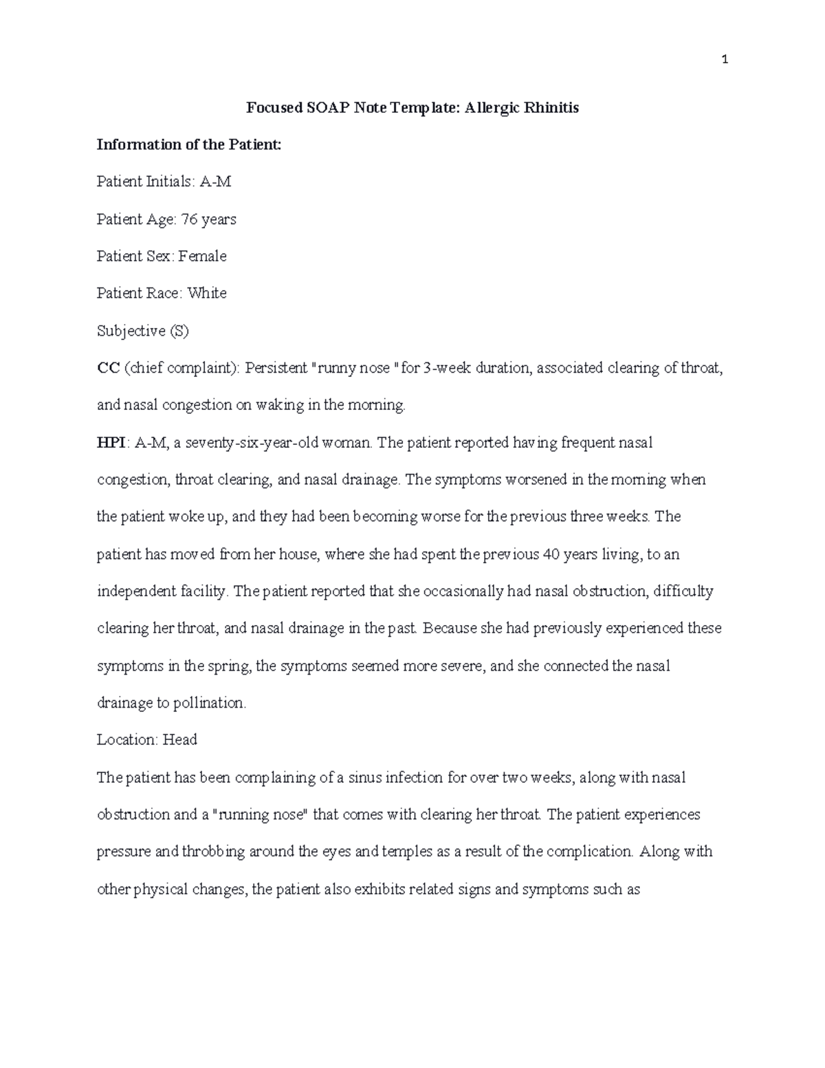 Allergic Rhinitis soap note - Focused SOAP Note Template: Allergic ...