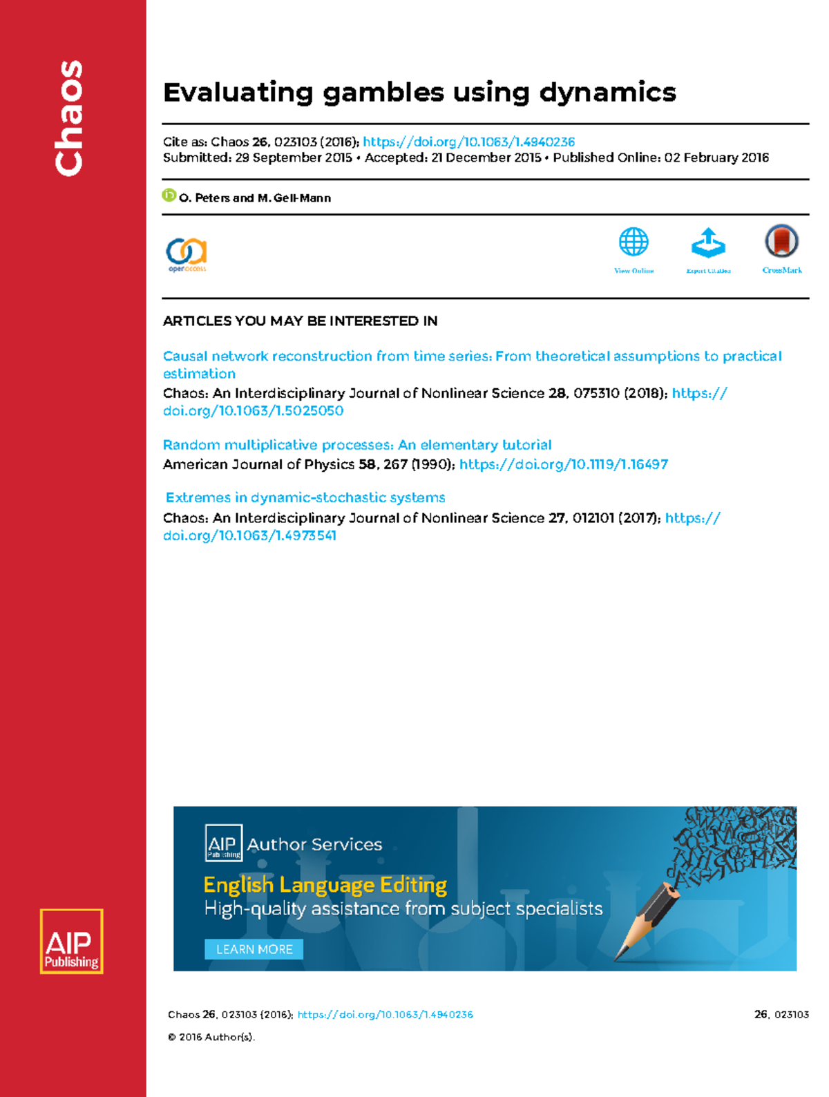 Ole peters ergodicity - Chaos 26 , 023103 (2016); doi/10.1063/1.4940236 ...