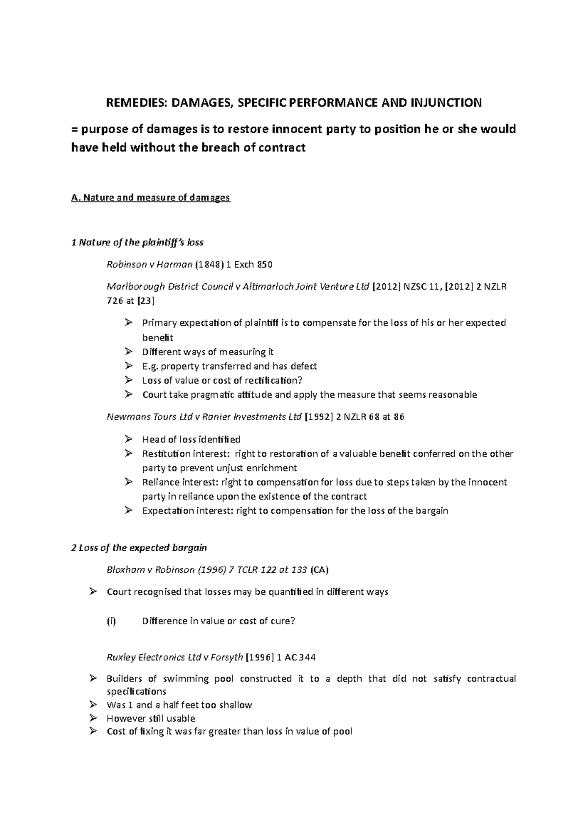 Remedies 22 synopsis - REMEDIES: DAMAGES, SPECIFIC PERFORMANCE AND INJUNCTION = purpose of ...