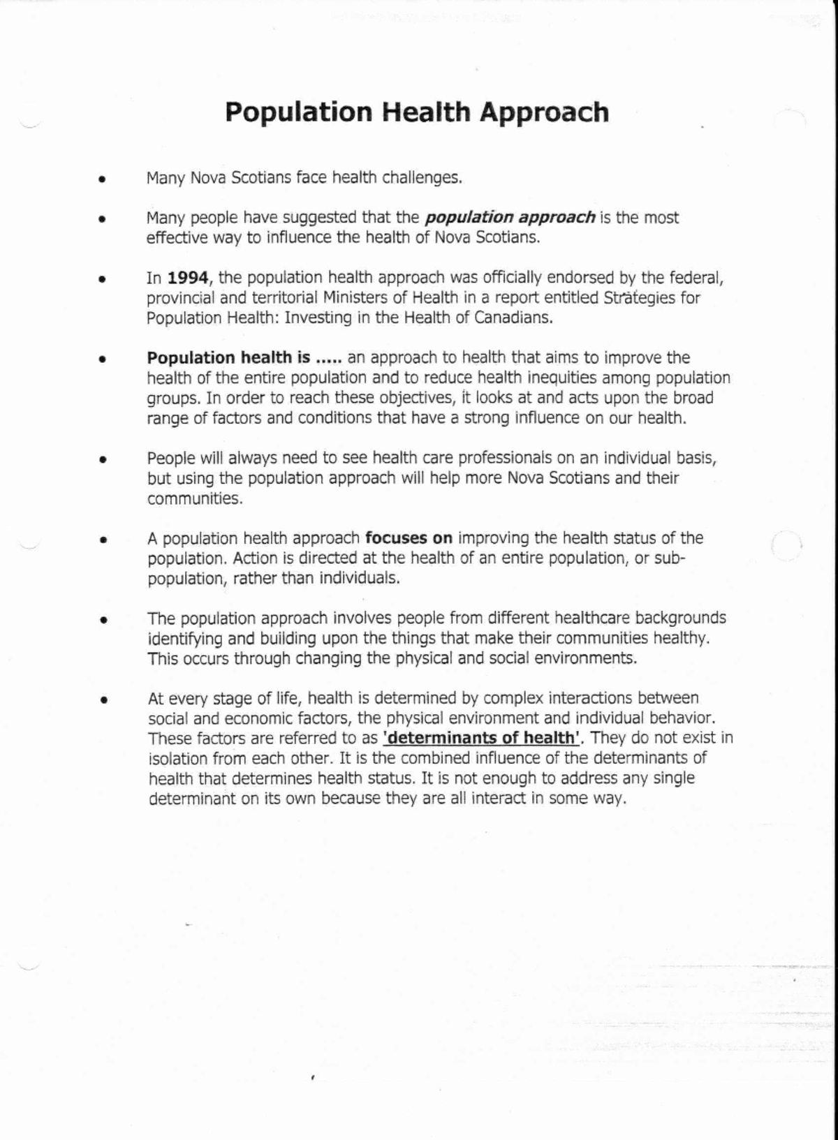 Population approach - notes - P o p u la tio n H e a lth A p p ro a c h ...
