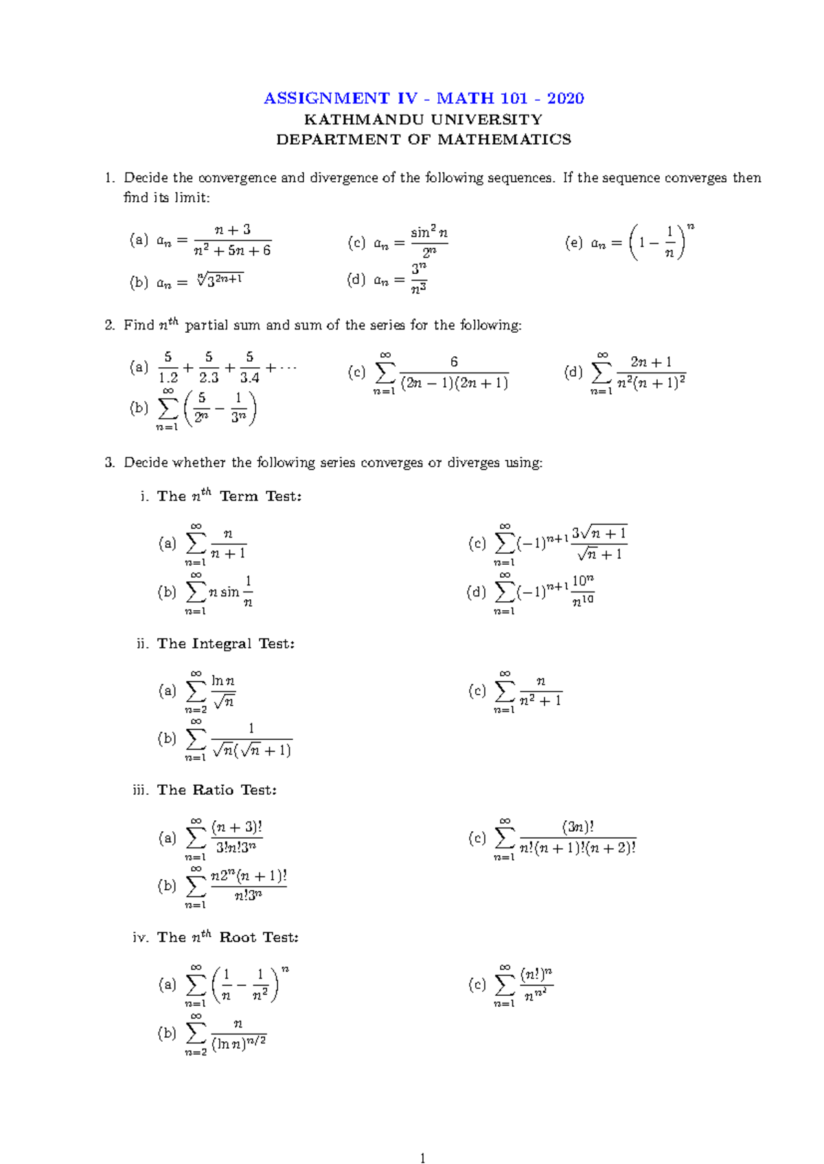MATH 101 - IV - Assignment related to linear algebra. - ASSIGNMENT IV ...