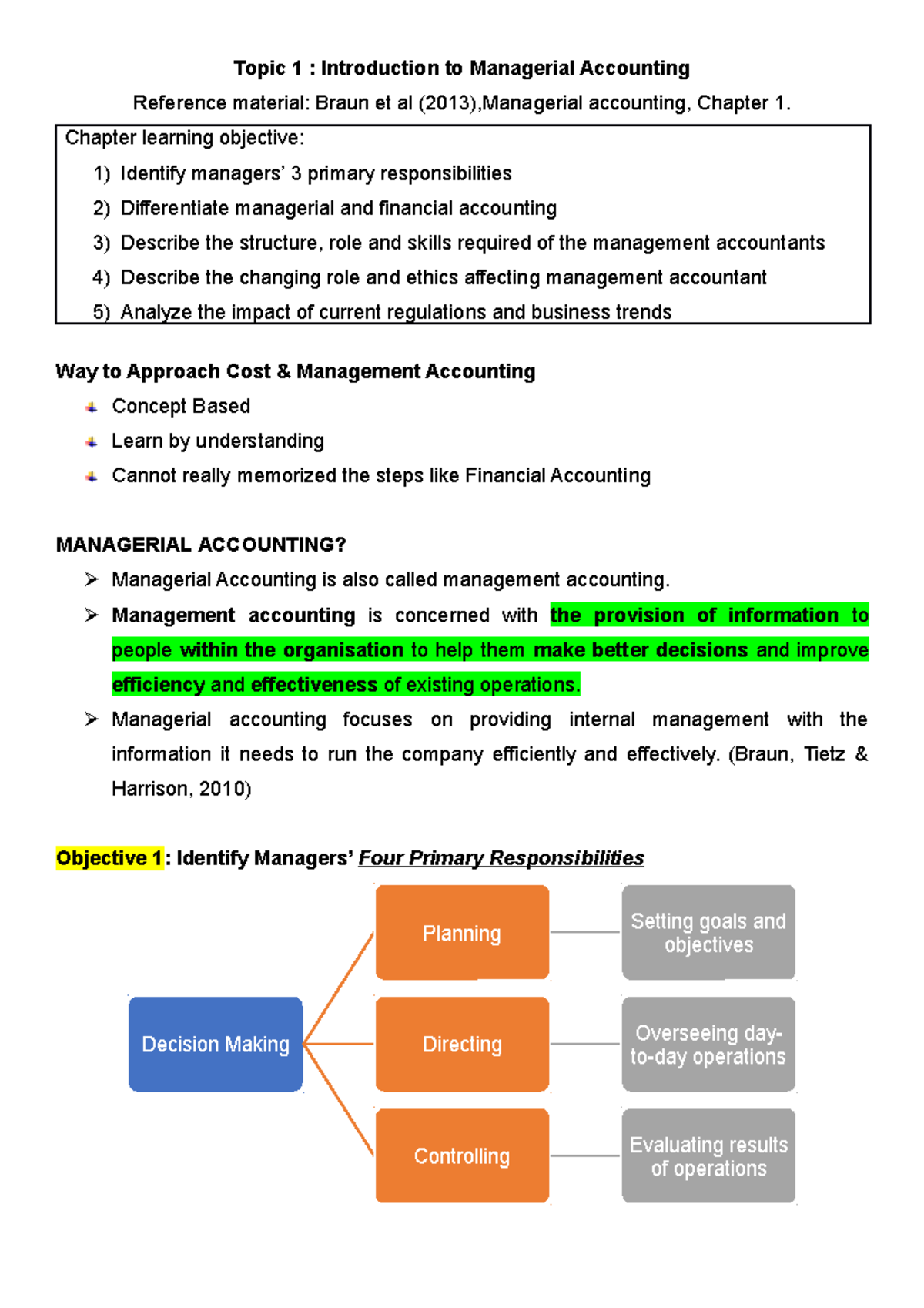 (Notes EBA1063) Topic 1 Introduction to Managerial Accounting ...