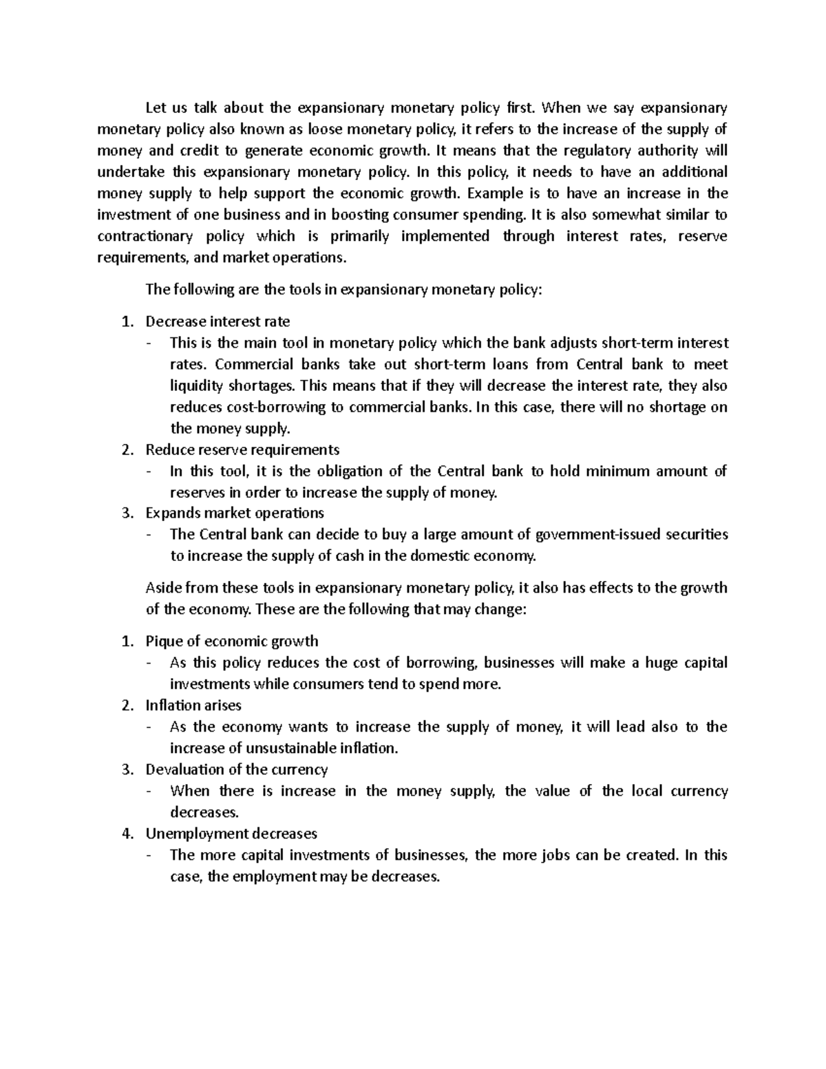 Expansionary Monetary Policy - Let us talk about the expansionary ...