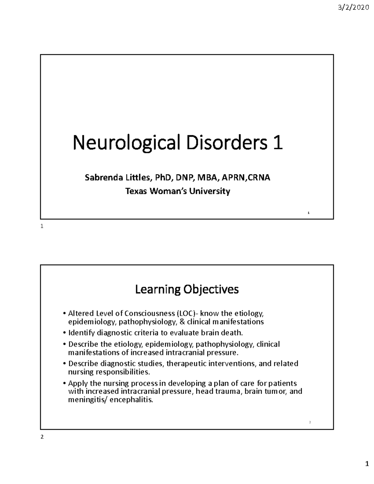 Neuro 1 Lecture Handout - Warning: TT: undefined function: 32 Neurological Disorders 1 Sabrenda ...