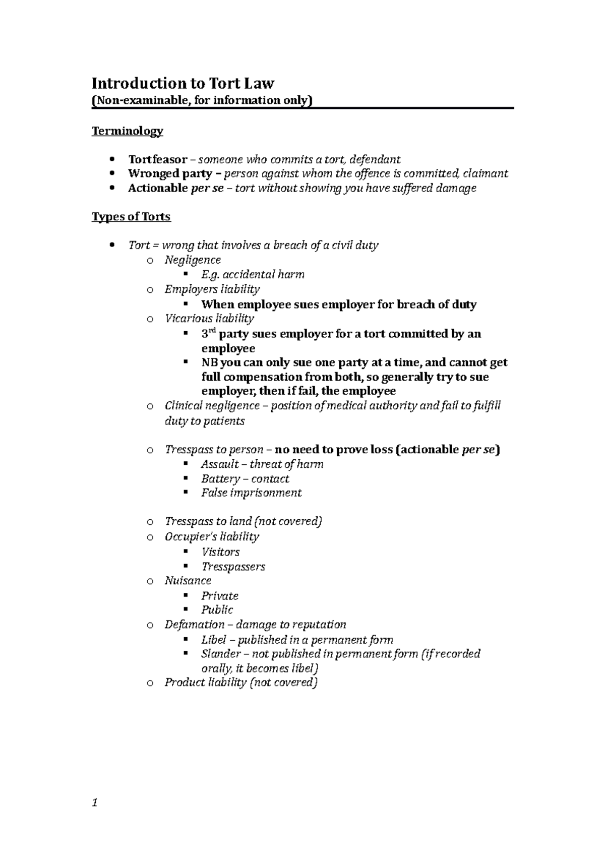 01 Introduction - Tort Law (LLB) - Introduction to Tort Law (Non ...
