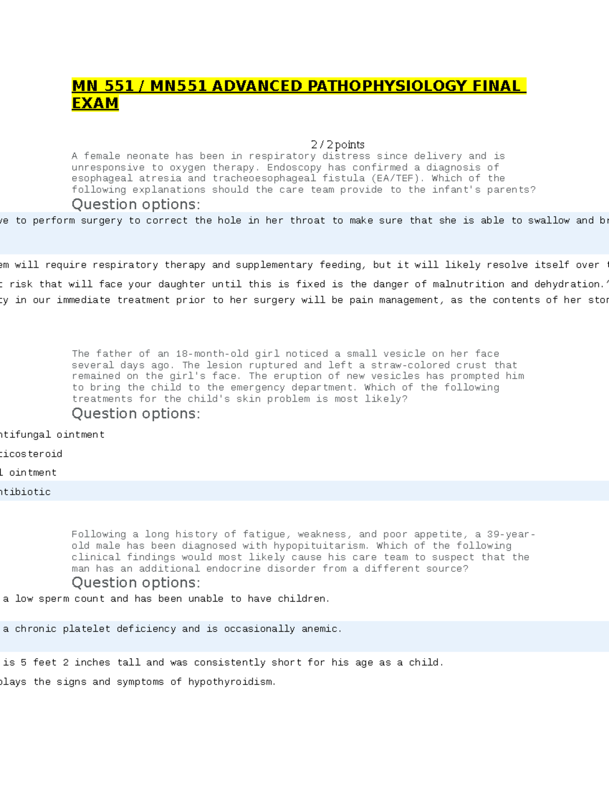 MN 551 Advanced Pathophysiology Final Exam - MN 551 / MN551 ADVANCED ...