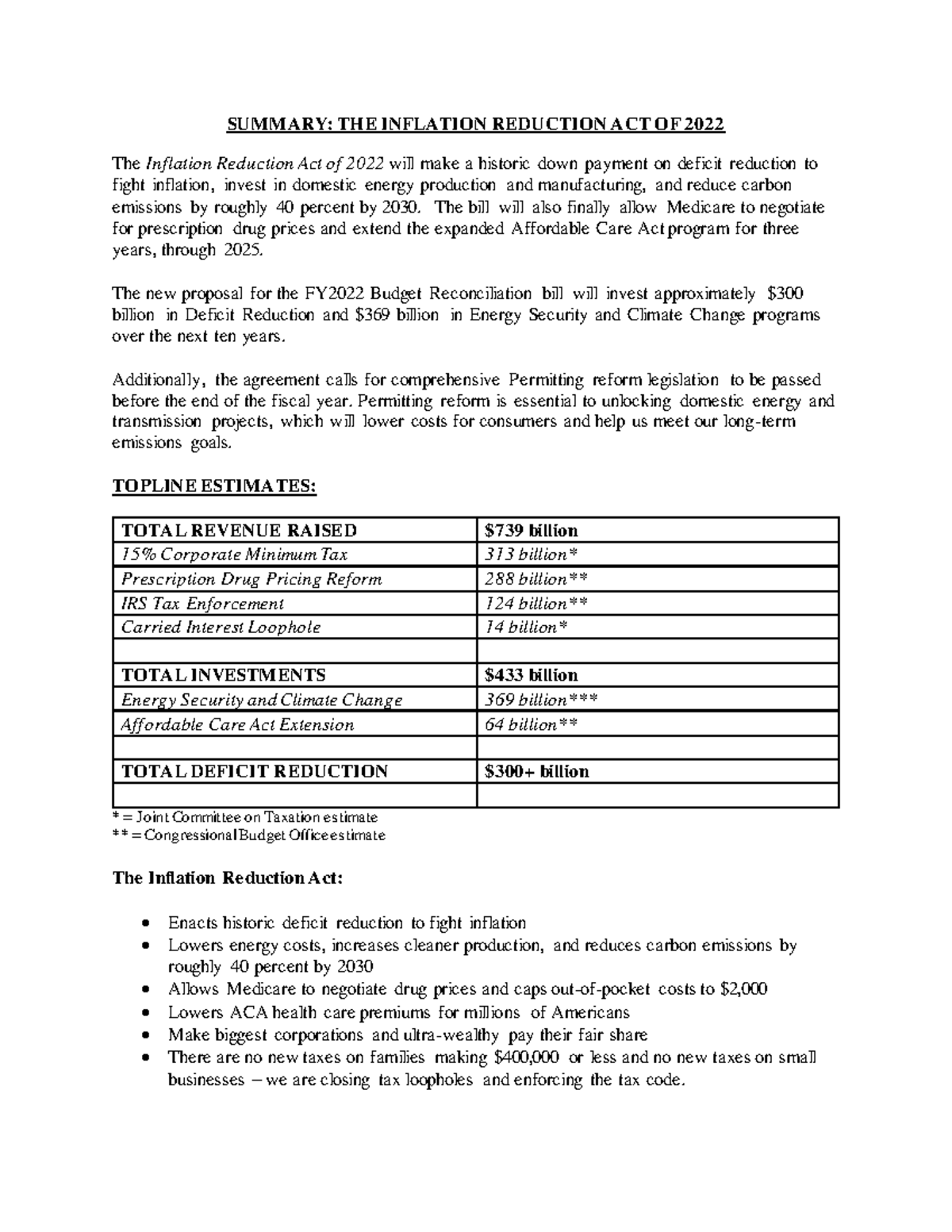 Inflation reduction act one page summary - SUMMARY: THE INFLATION ...